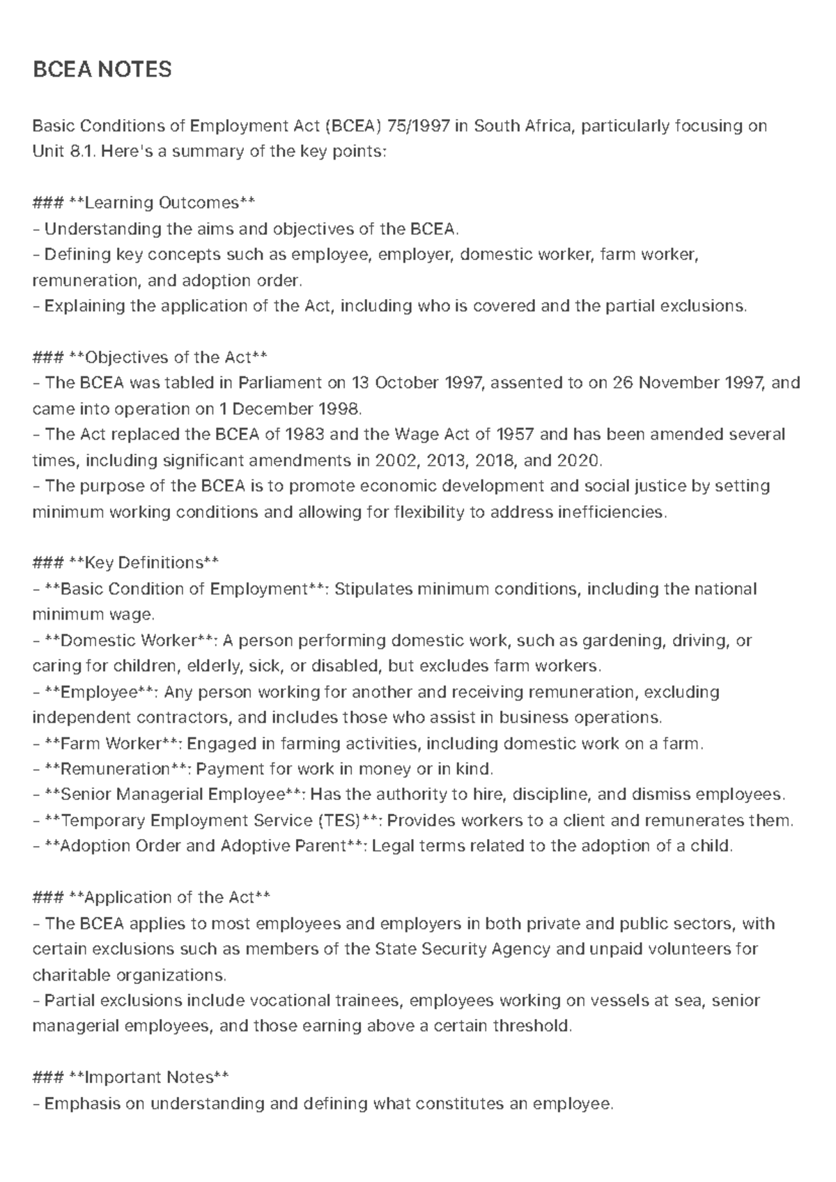 BCEA Unit 8 Summary Notes: Understanding Employment Conditions - Studocu