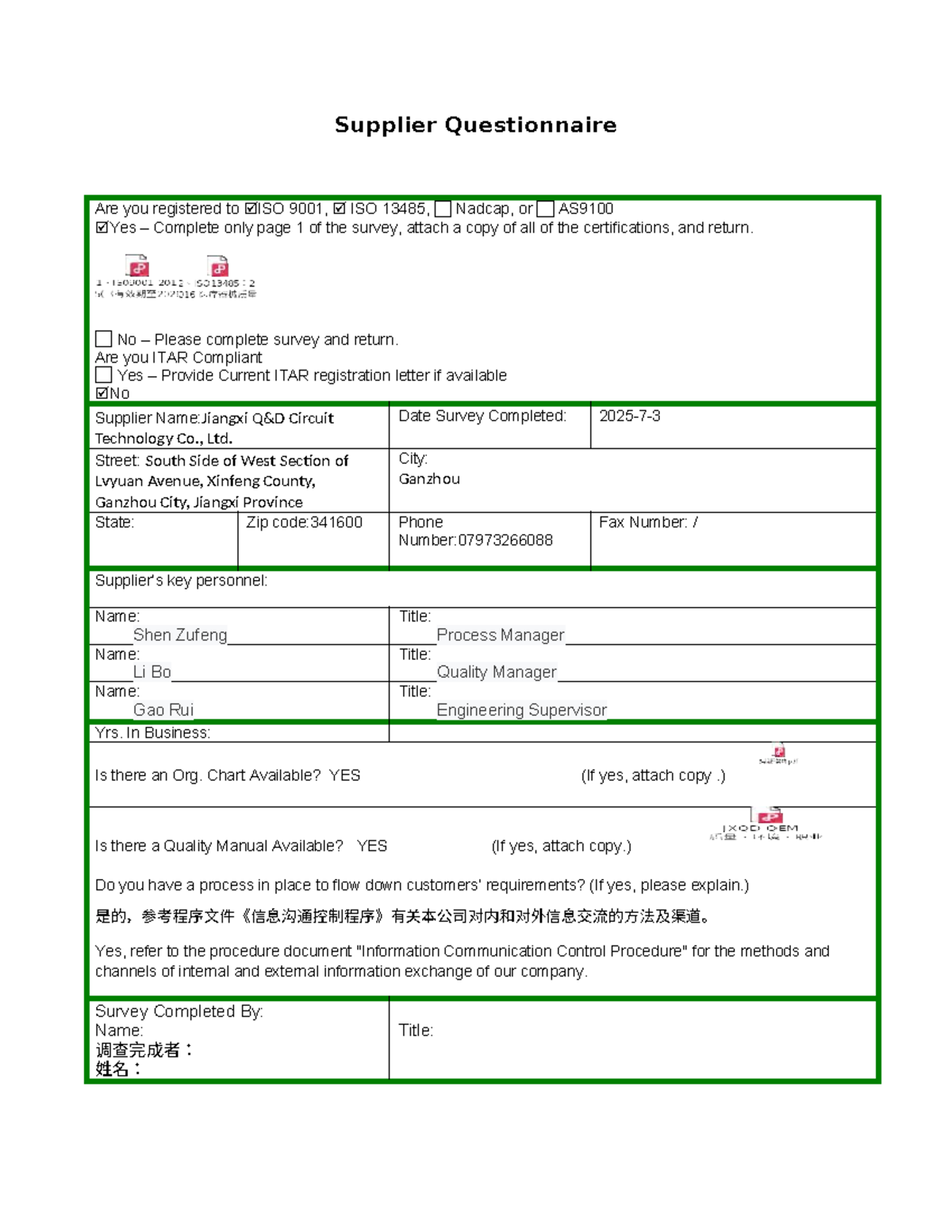 Supplier Questionnaire for RISO 9001, ISO 13485, Nadcap, AS9100 ...