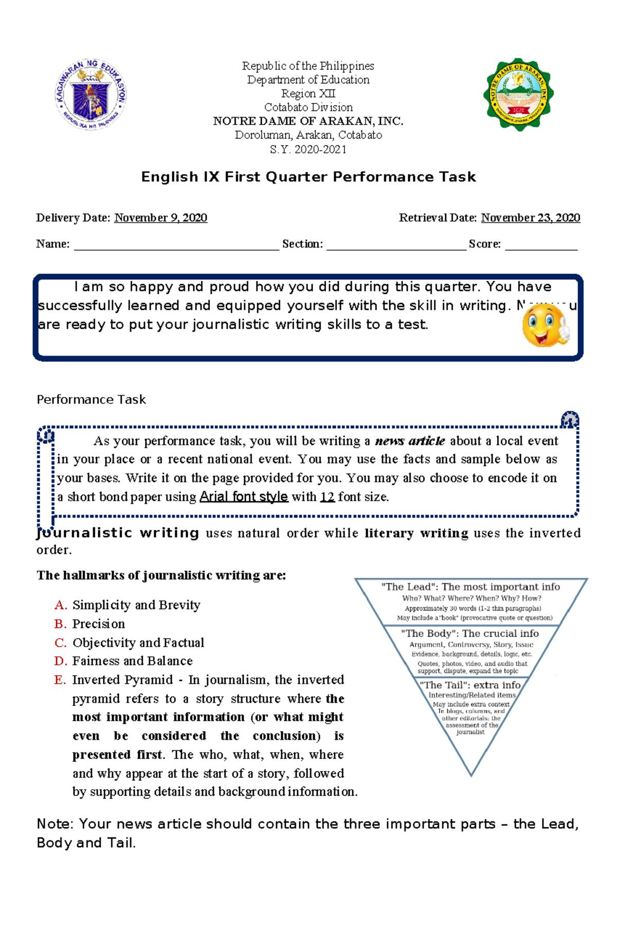 English 9 First Quarter Performance Task: Journalistic Writing Guide ...