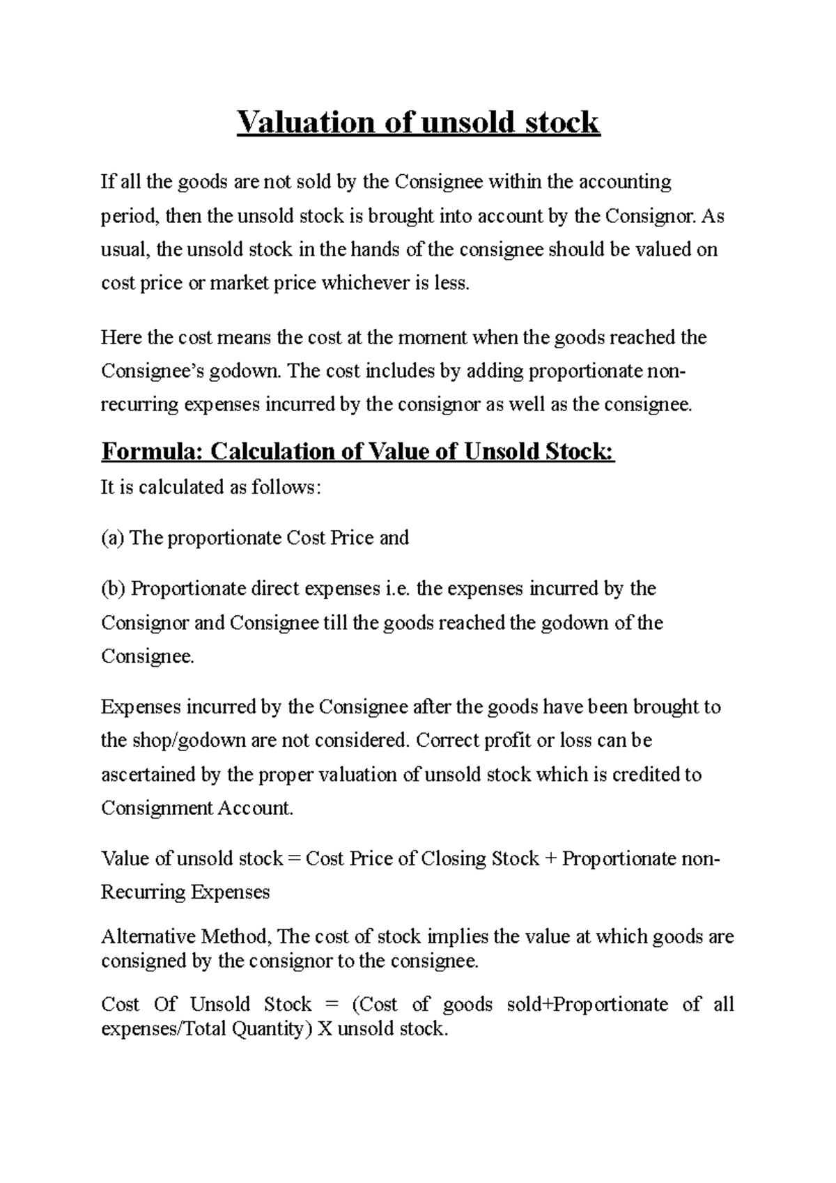Valuation of Unsold Stock in Consignment Accounting (FIN 301) - Studocu