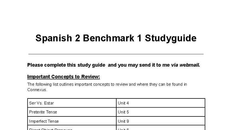 Spanish 2 Benchmark 1 Study Guide: Key Concepts & Practice Qs - Studocu