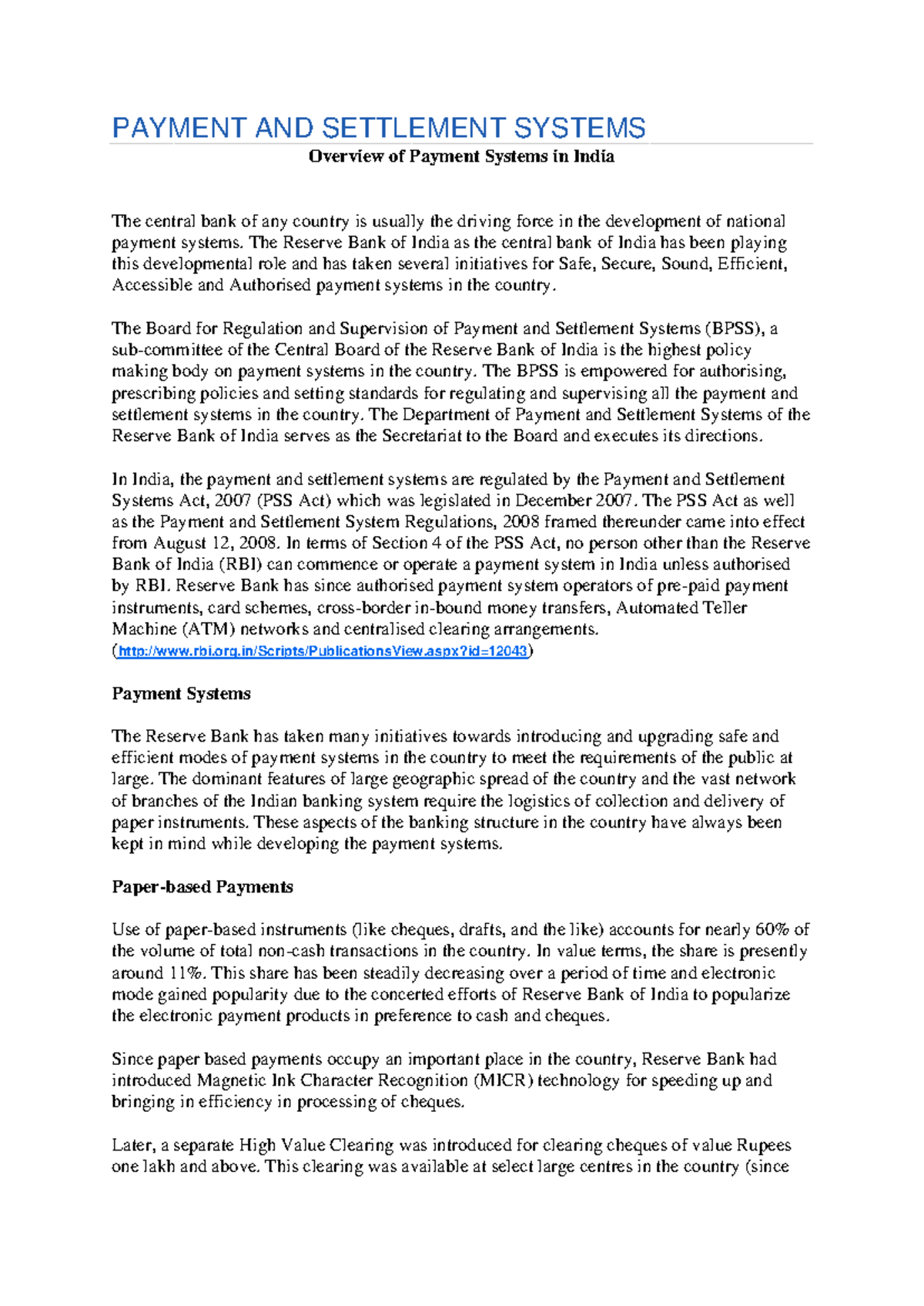 PAYMENT AND SETTLEMENT SYSTEMS: Overview of India's Payment Systems ...