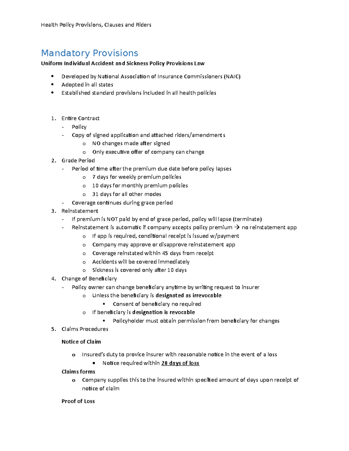 Health Policy Provisions: Chapter 7 Review & Key Clauses Overview - Studocu