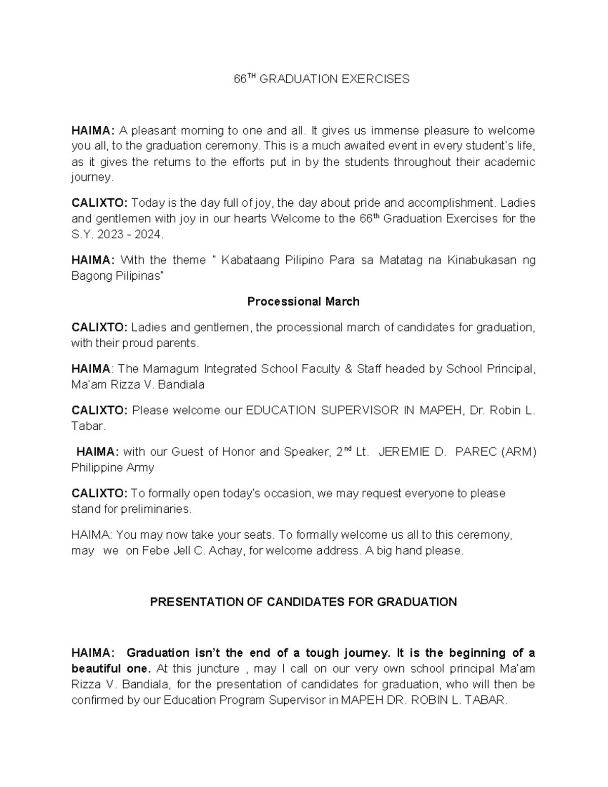 66th Graduation Exercises Script for SY 2023-2024 - Studocu