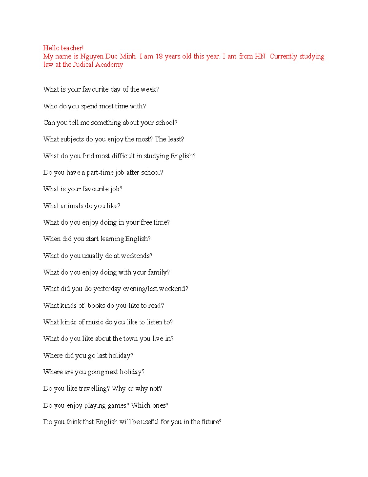 NÓI - Personal Introduction and Interests in English - Studocu