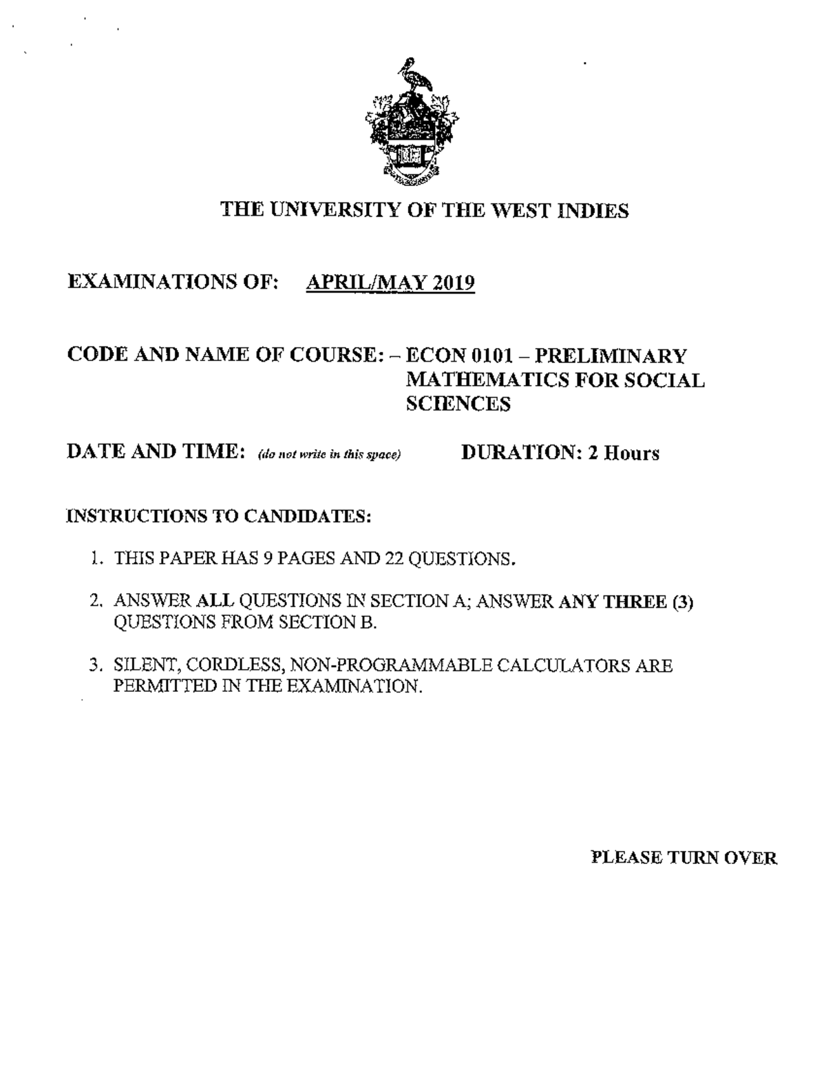 ECON 0101 2019 Final Exam: Preliminary Mathematics for Social Sciences - Studocu