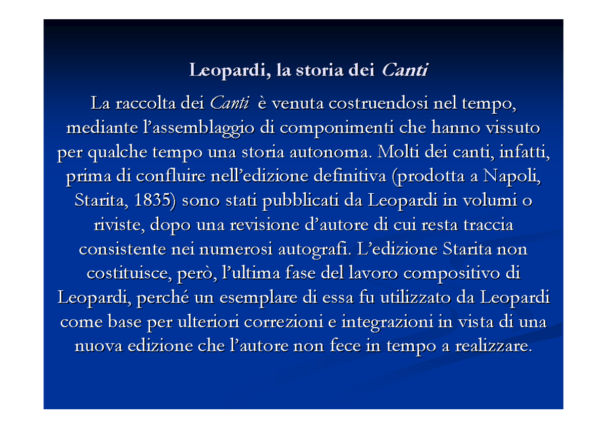 Leopardi Canti: Discussione sulle Raccolte e Edizioni (Corso F31) - Studocu