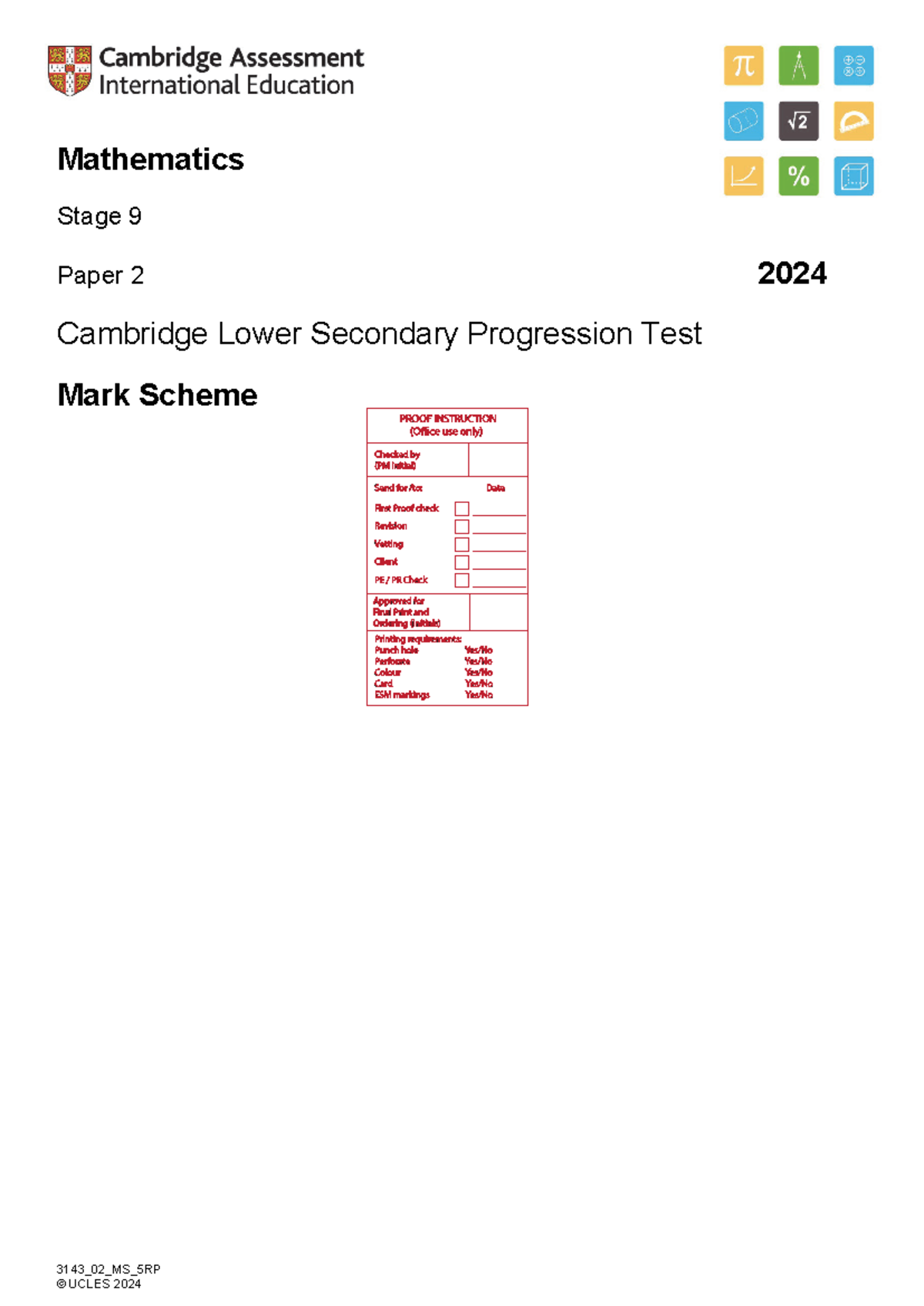 Mathematics S9/02 Stage 9 Paper 2 Mark Scheme 2024 - Studocu