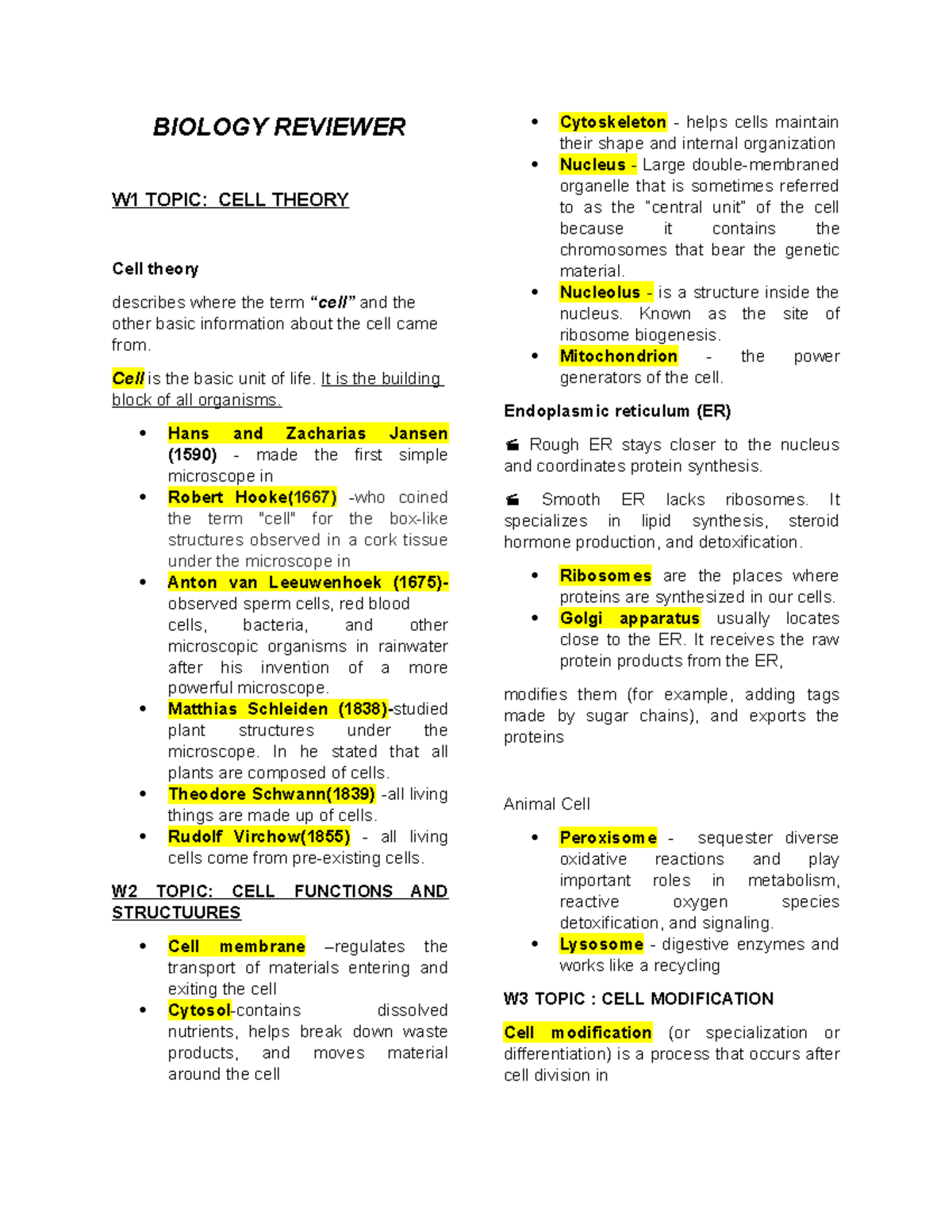 Biology 101 - Comprehensive Reviewer on Cell Theory and Functions - Studocu