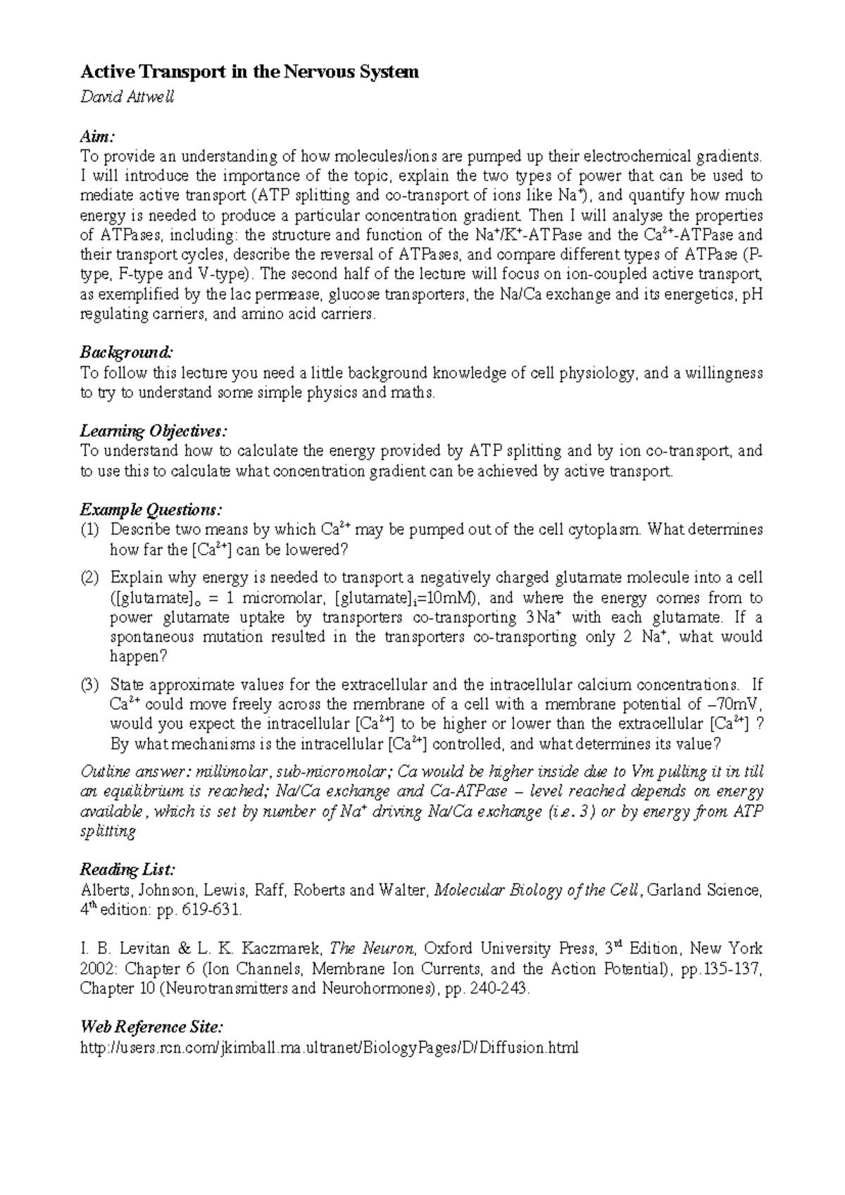 Active transport Handout - Active Transport in the Nervous System David ...