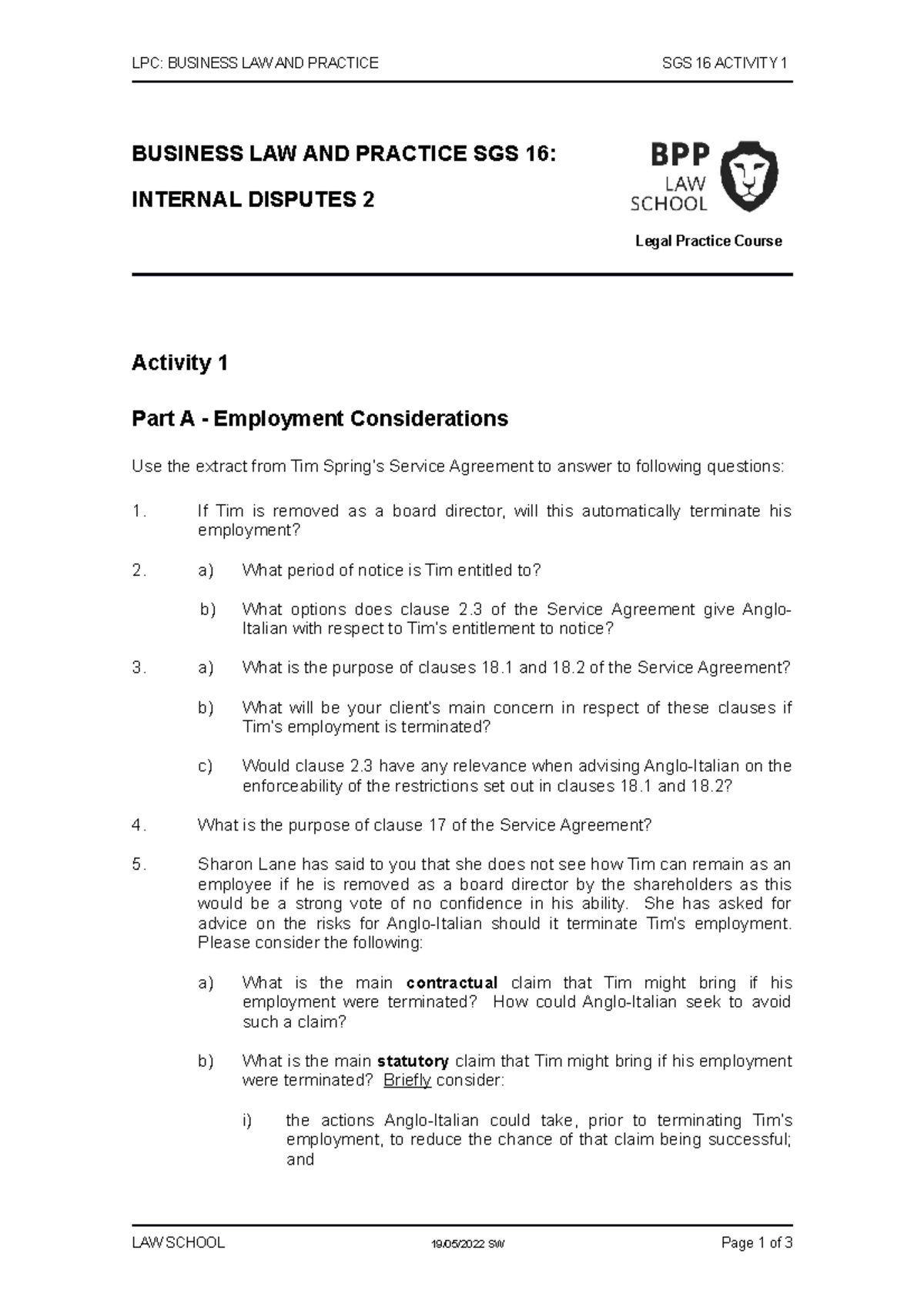 BLP SGS 16 Activity 1: Internal Disputes and Employment Considerations ...
