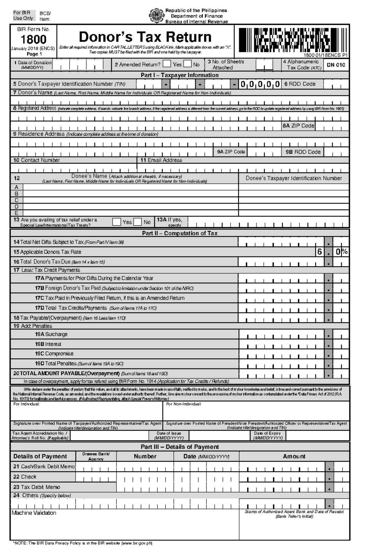 ACE206 - Example of BIR Form No. 1800 for Tax Return Submission - Studocu