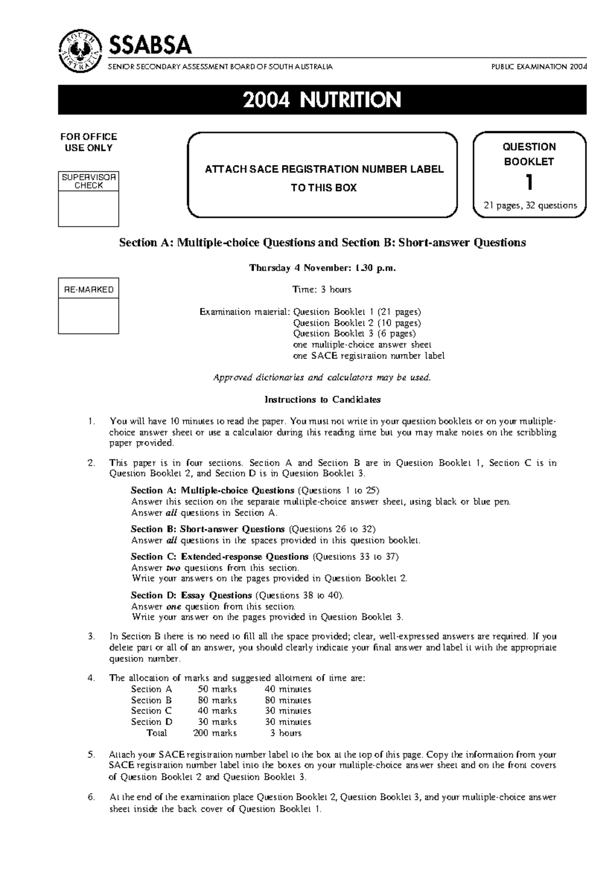 2004 SSABSA Nutrition Public Exam - Study Guide & Questions - Studocu