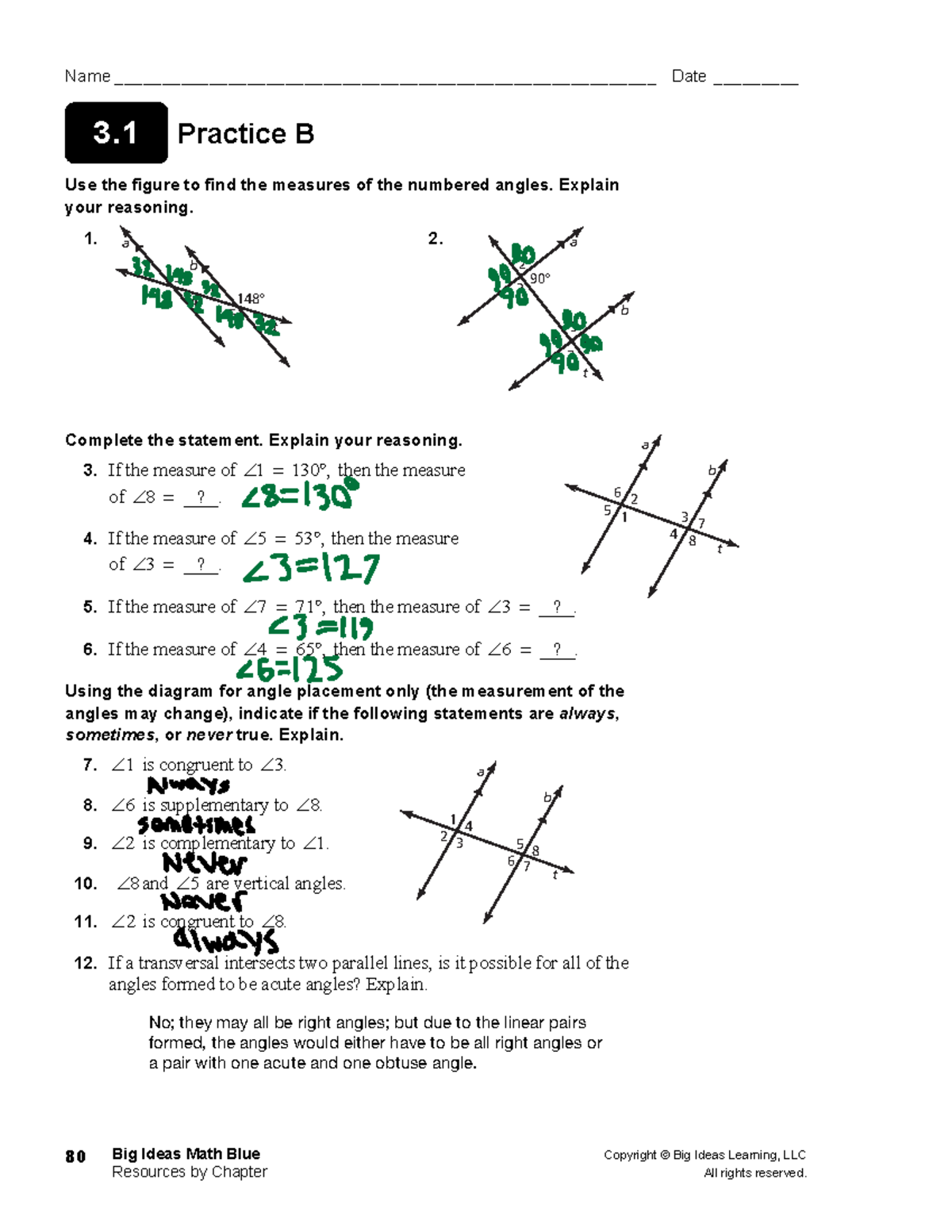 3 - 3.1 Angles Practice B Solutions and Explanations - Studocu