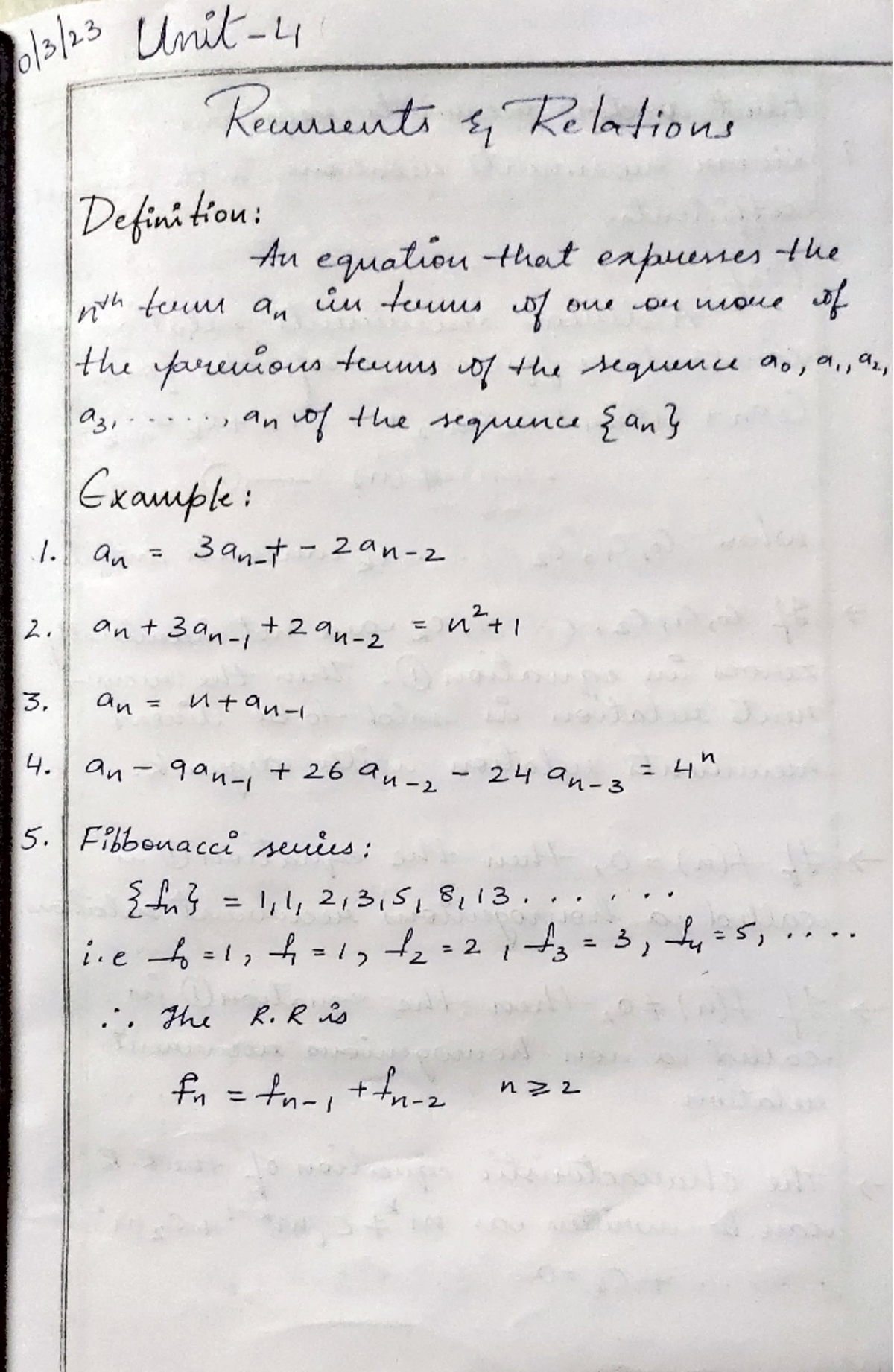 Discrete Mathematics UNIT-4 Notes - Recurrents Relations Definition: An ...