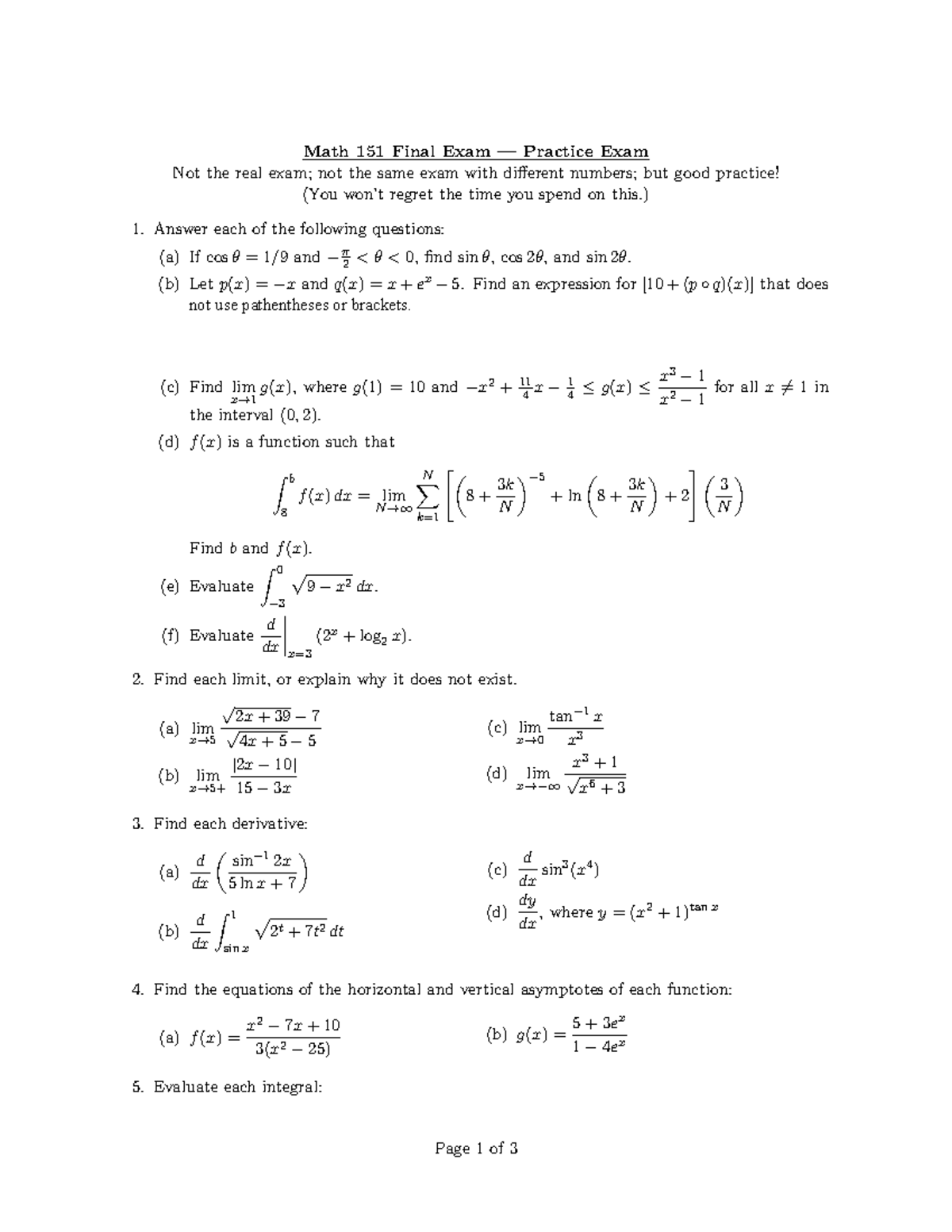 Math 151 Practice Final Exam (SP24) - Comprehensive Review Questions - Studocu
