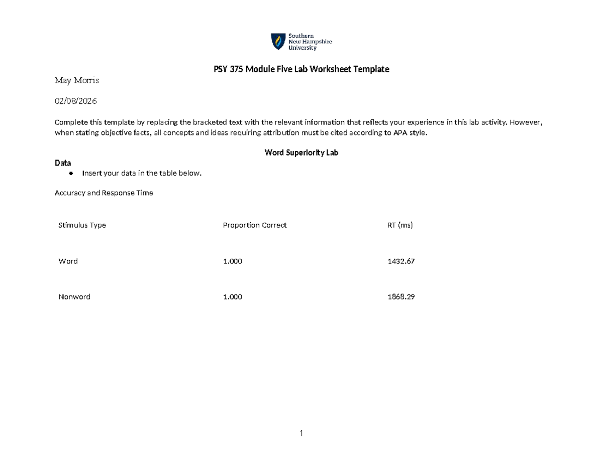PSY 375 Module 5 Lab Worksheet: Data & Analysis Template - Studocu