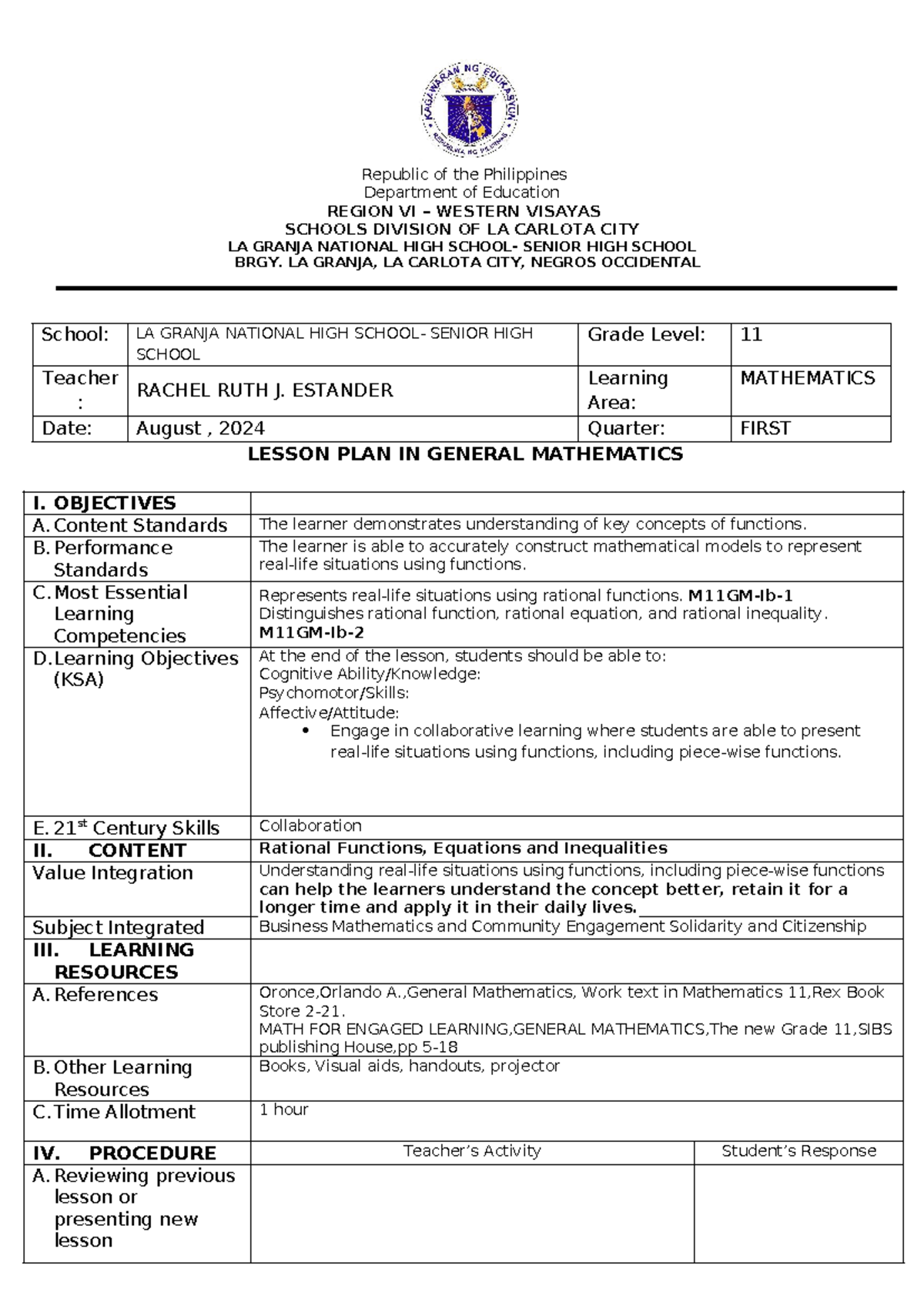 Lesson Plan in General Mathematics (Grade 11) - Week 2 - Studocu