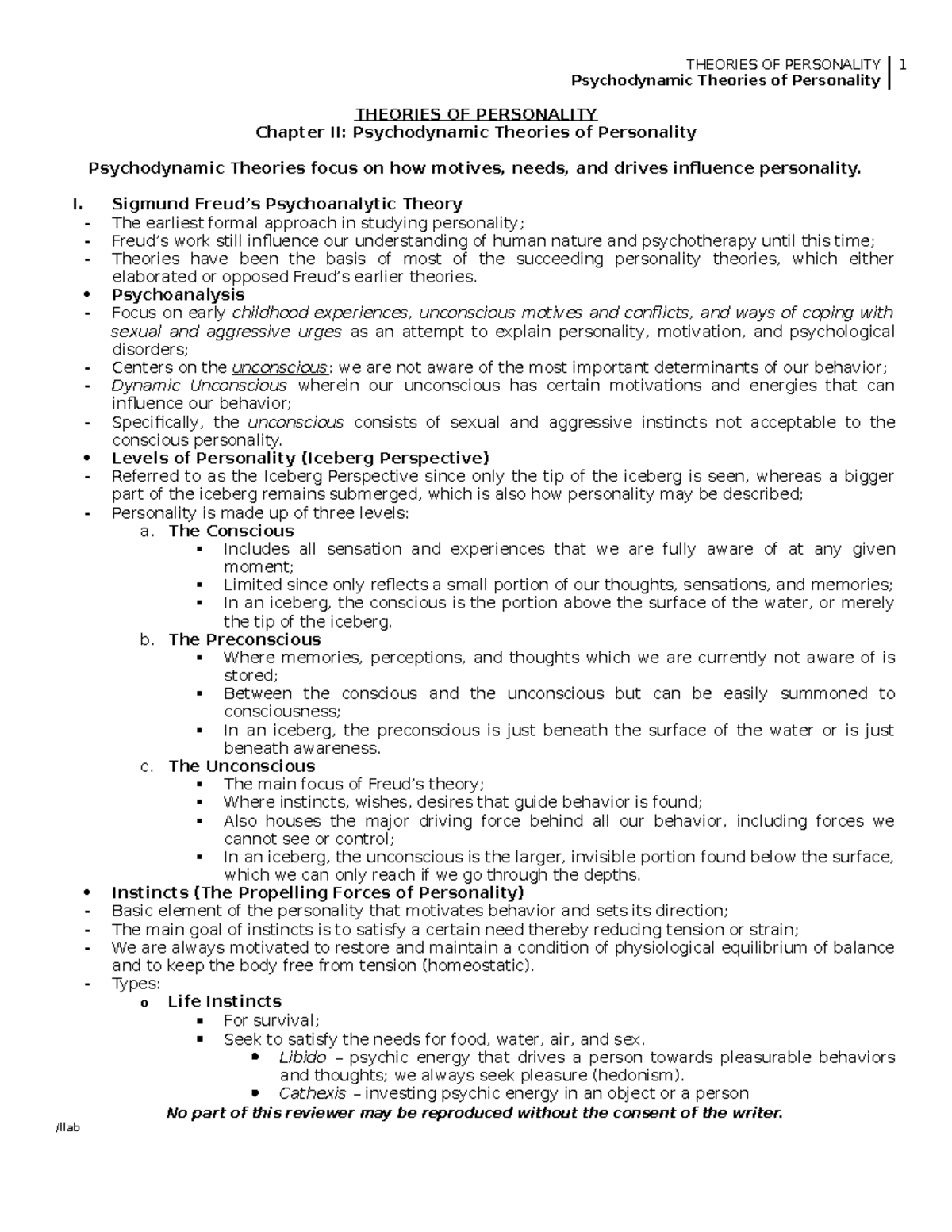 Psychodynamic Theories of Personality - Chapter 2 Review Notes - Studocu