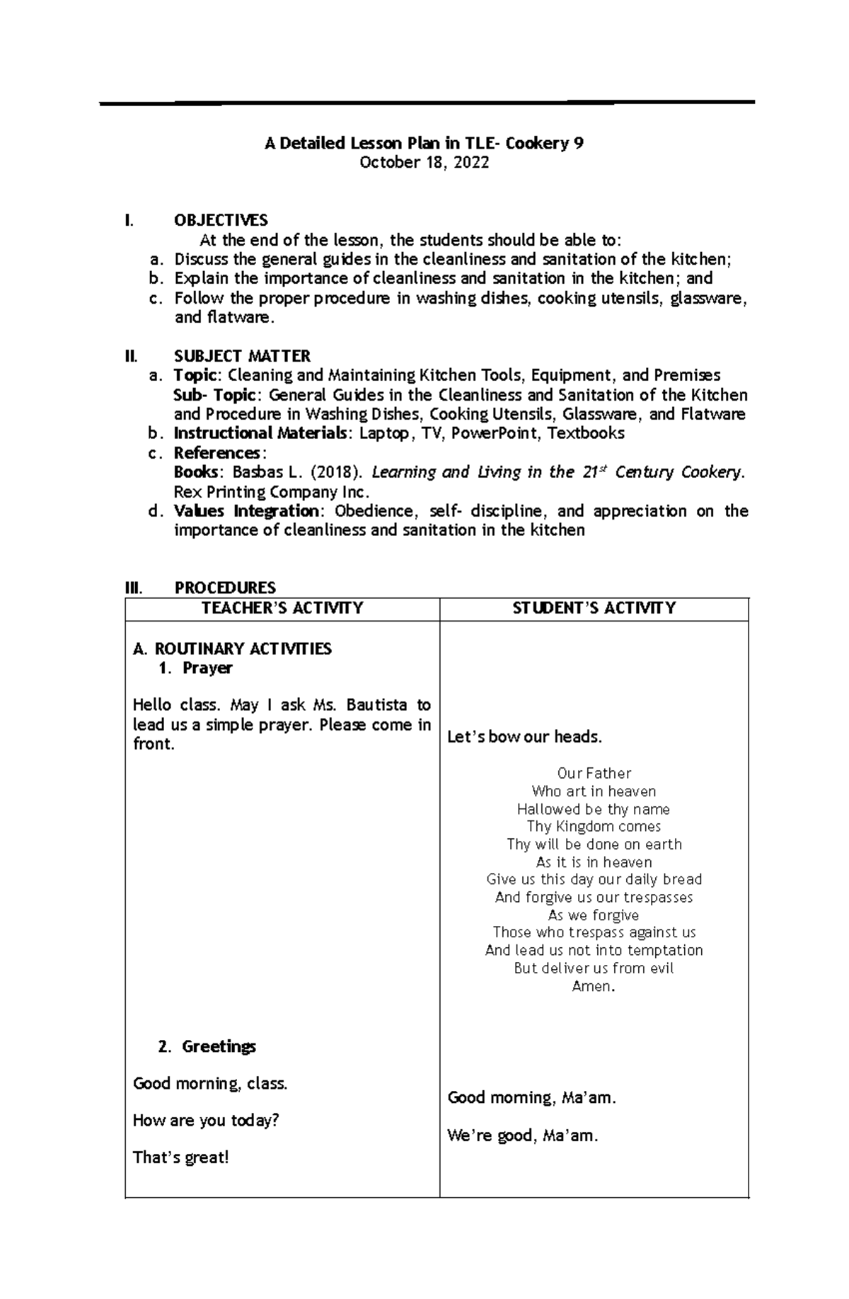 Cleaning and Maintaining Kitchen Tools: A TLE Cookery 9 Lesson Plan ...