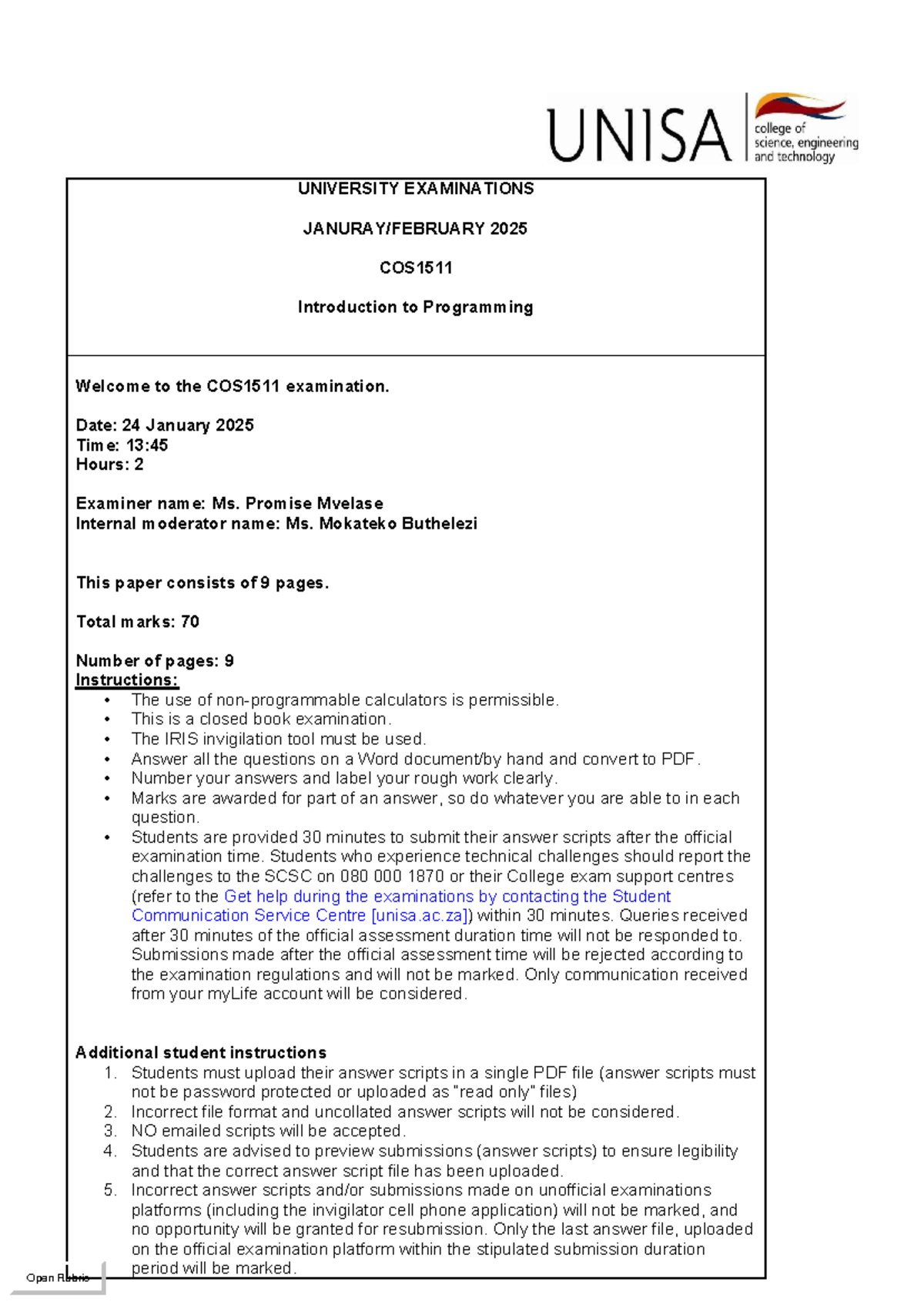 COS1511 Jan/Feb 2025: Introduction to Programming Exam Paper - Studocu