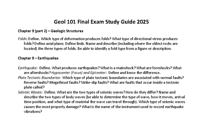 Geol 101 Final Exam Study Guide: Earthquakes & Floods Overview - Studocu
