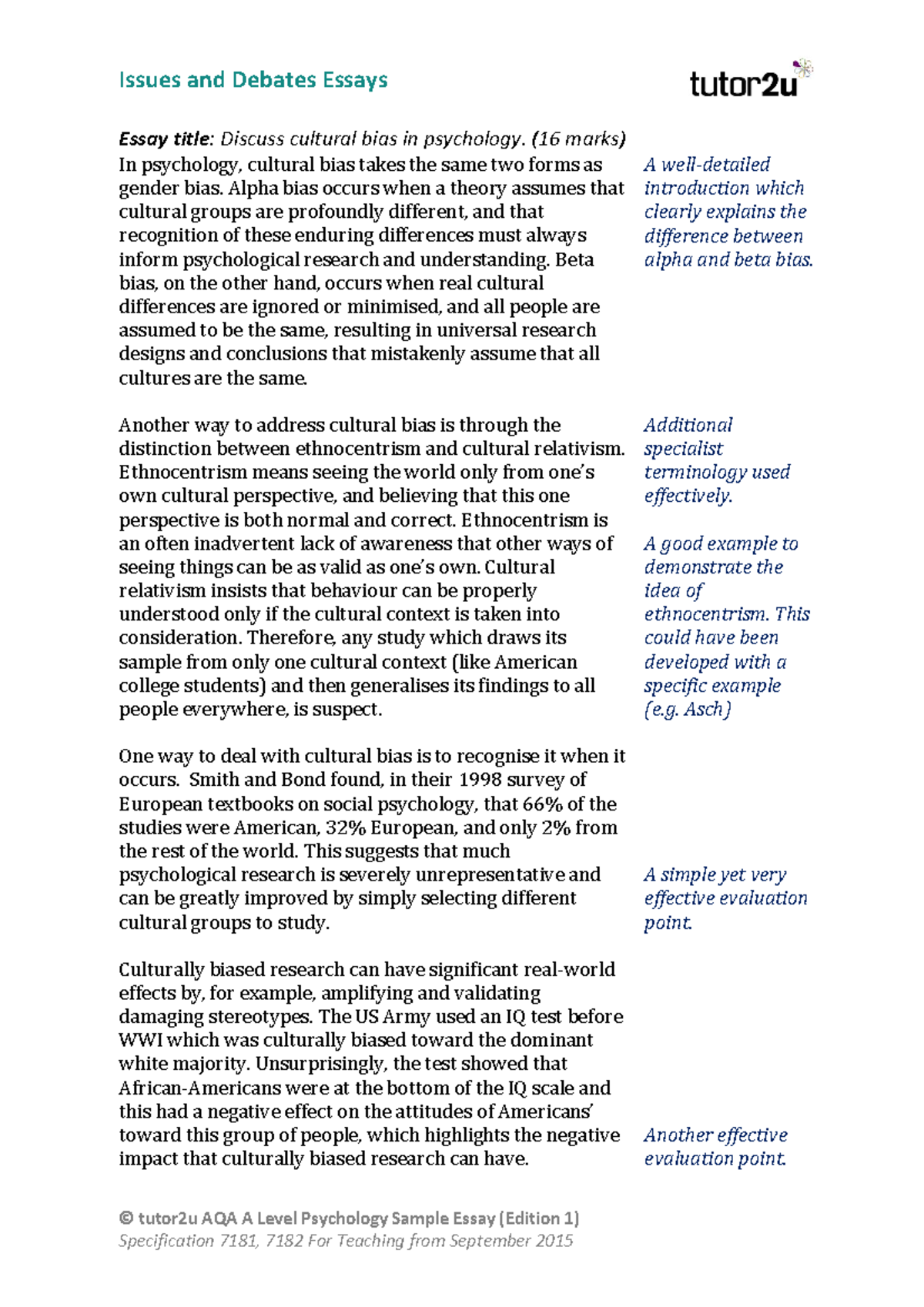 08.1b Essay on Cultural Bias in Psychology with Examiner Comments - Studocu