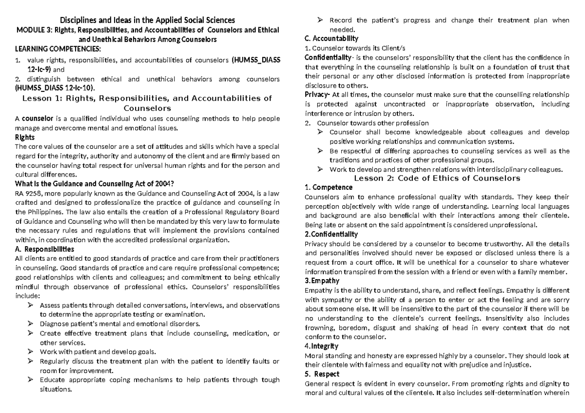 HUMSS_DIASS Module 3: Rights, Responsibilities, and Ethics of ...