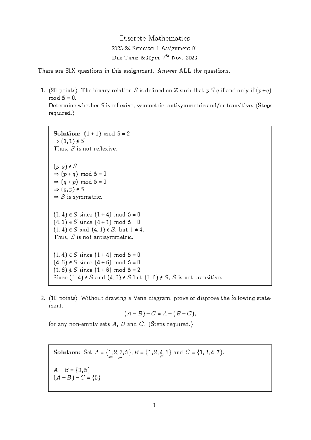 Discrete Mathematics Assignment 01 Solutions - Fall 2023 - Studocu