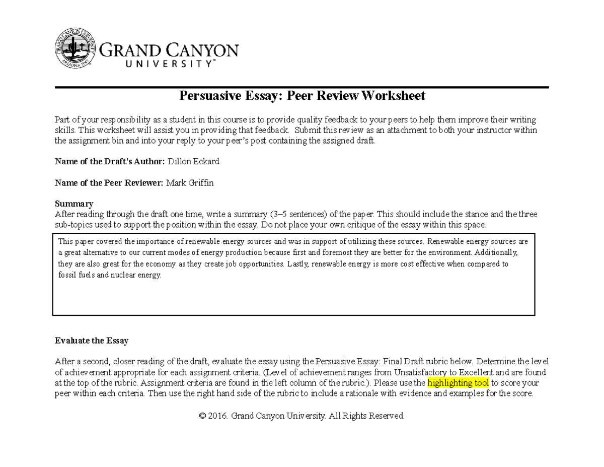 PHI-105 T-6 Peer Review Worksheet for Persuasive Essay Feedback - Studocu