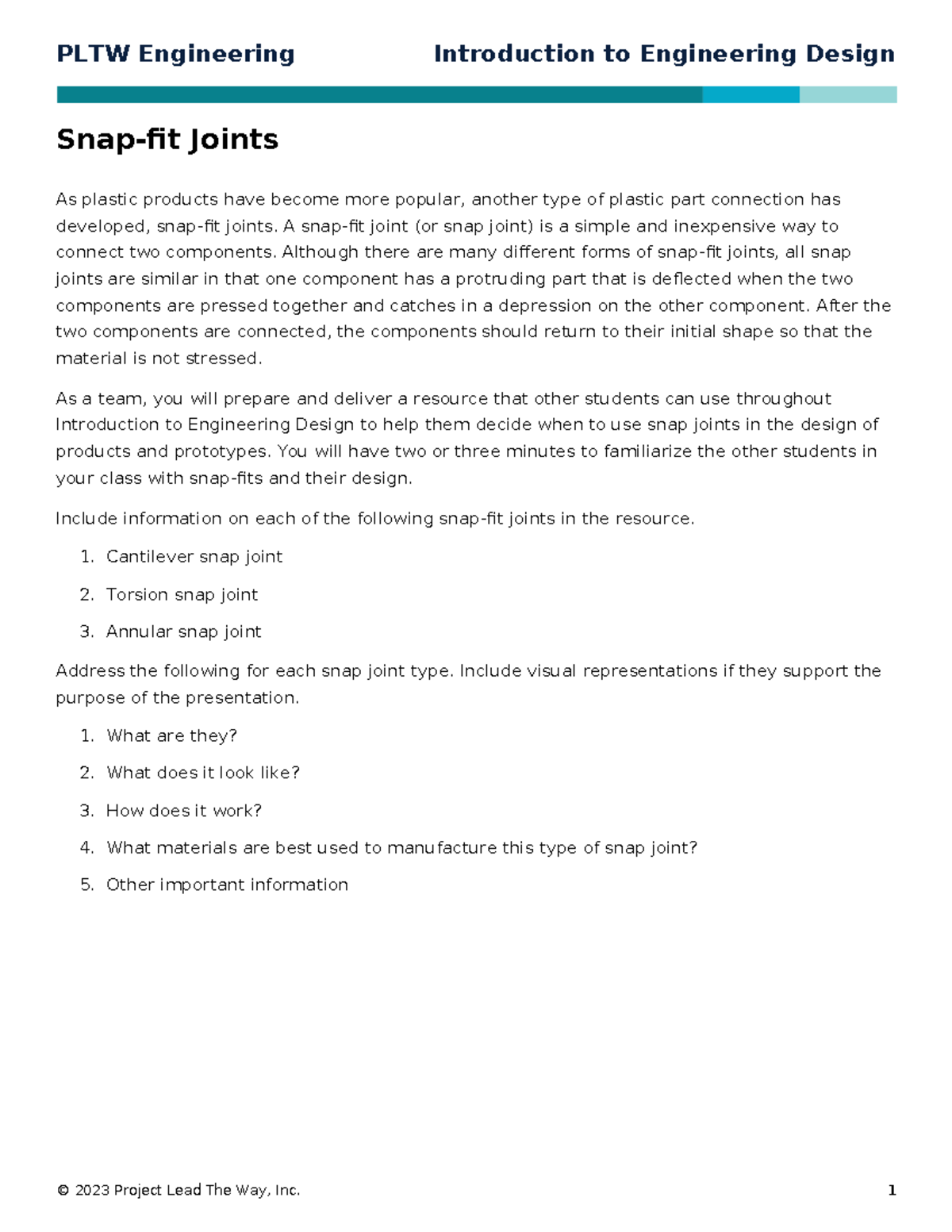 PLTW IED 212 Snap Joints Overview and Presentation Guide - Studocu