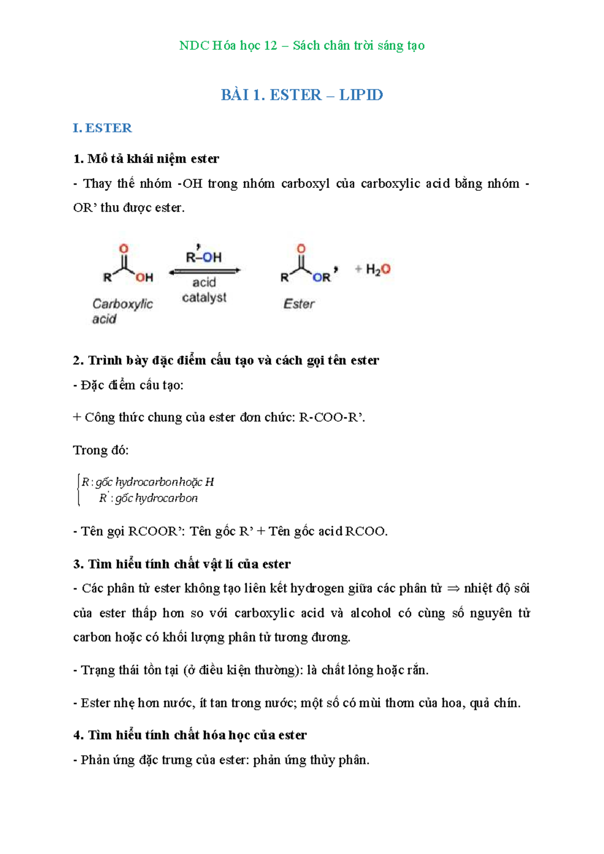 NDC Hóa học 12 Sách chân trời sáng tạo Bài 1: Ester và Lipid - Studocu