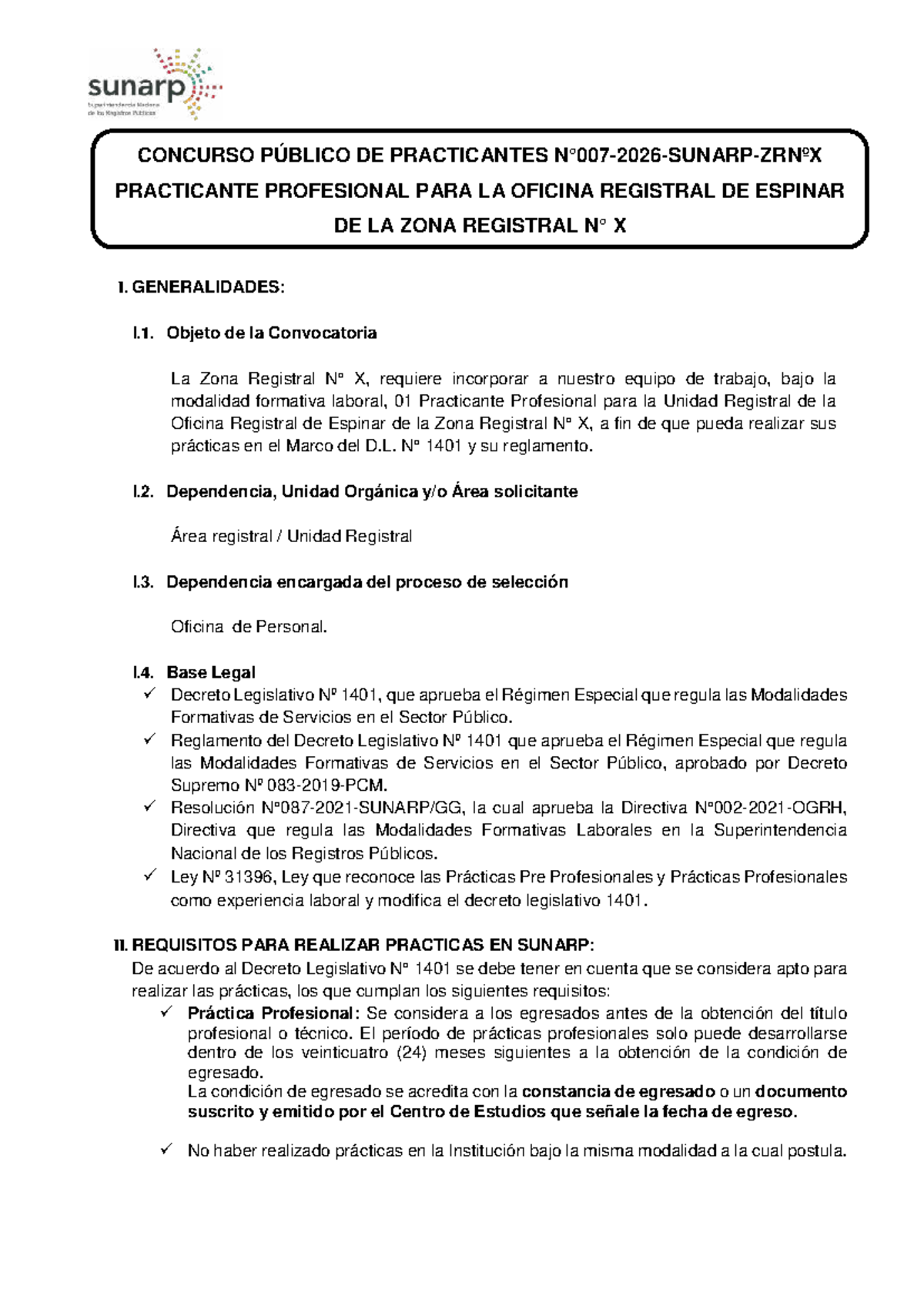 Convocatoria para Practicante Profesional en SUNARP - Zona Registral X ...