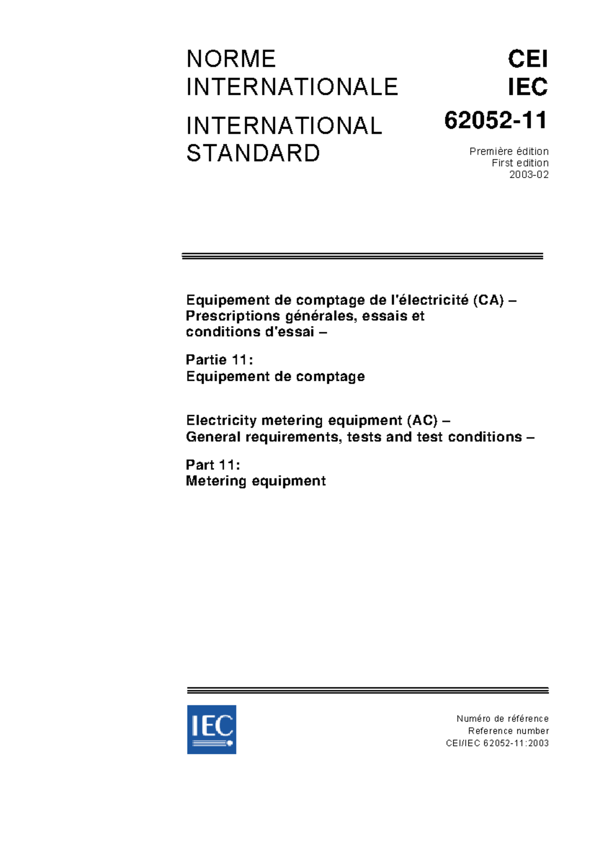 IEC 62052-11:2003 - General Requirements for Electricity Metering ...