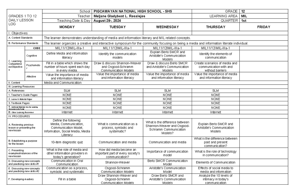 MIL DLL Week 1 - Daily Lesson Log for Grades 1 to 12 - Studocu