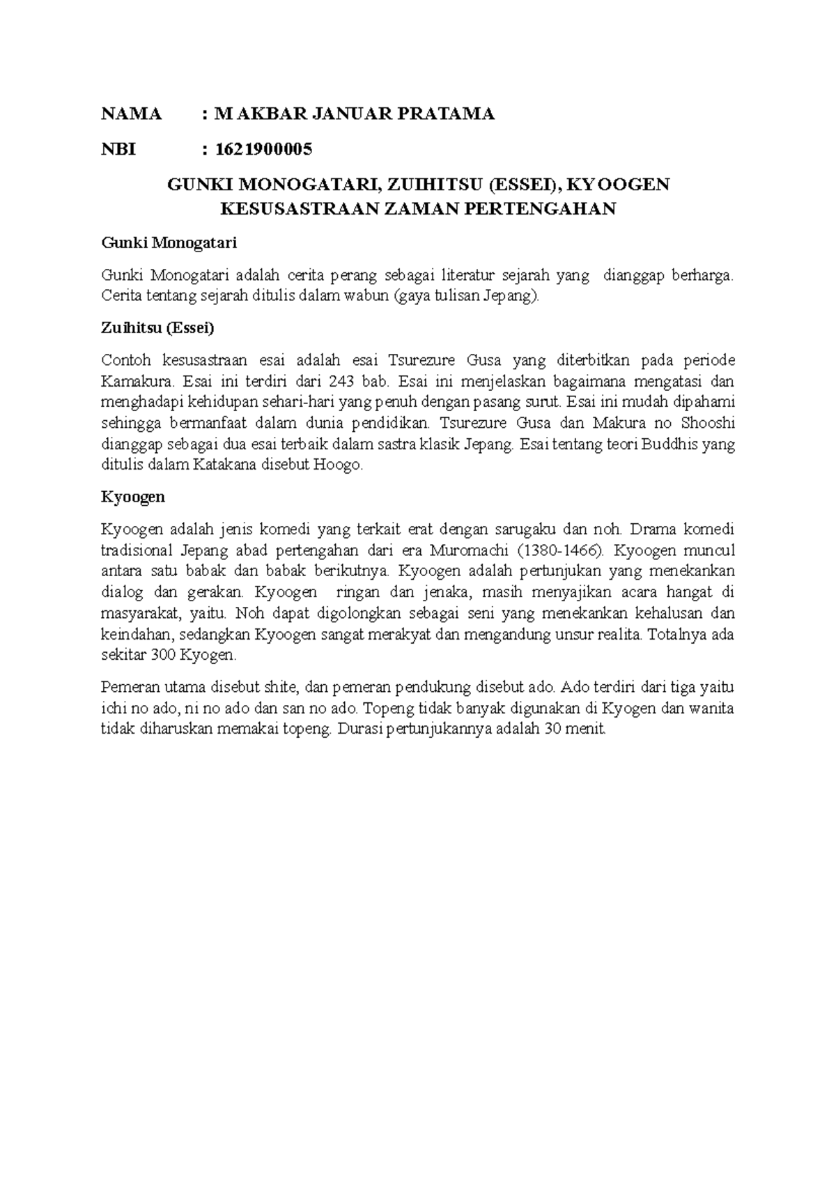 Kesusastraan Zaman Pertengahan: Gunki Monogatari & Kyoogen (1621900005 ...