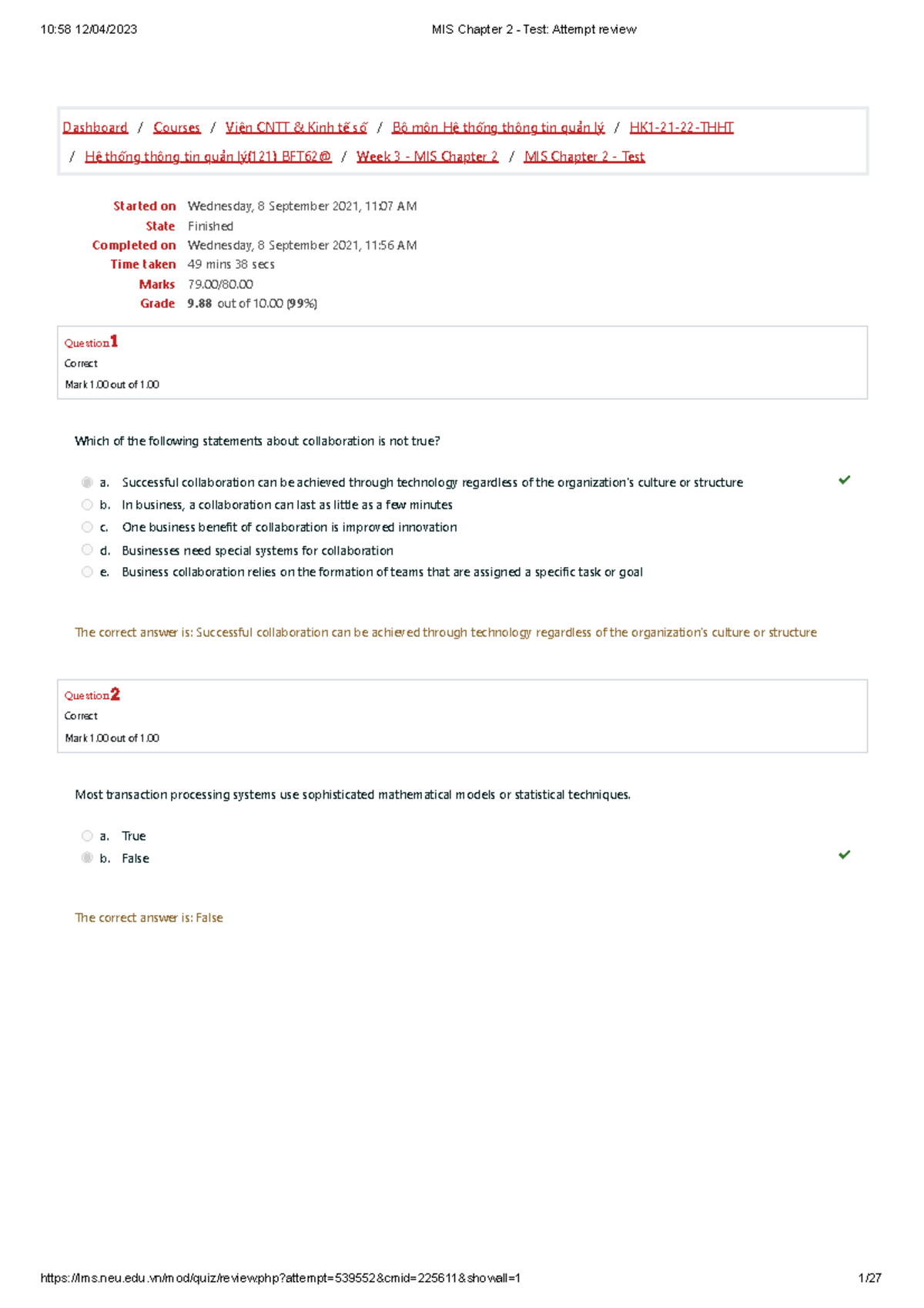 MIS Chapter 2 - Test Attempt Review and Insights - Studocu