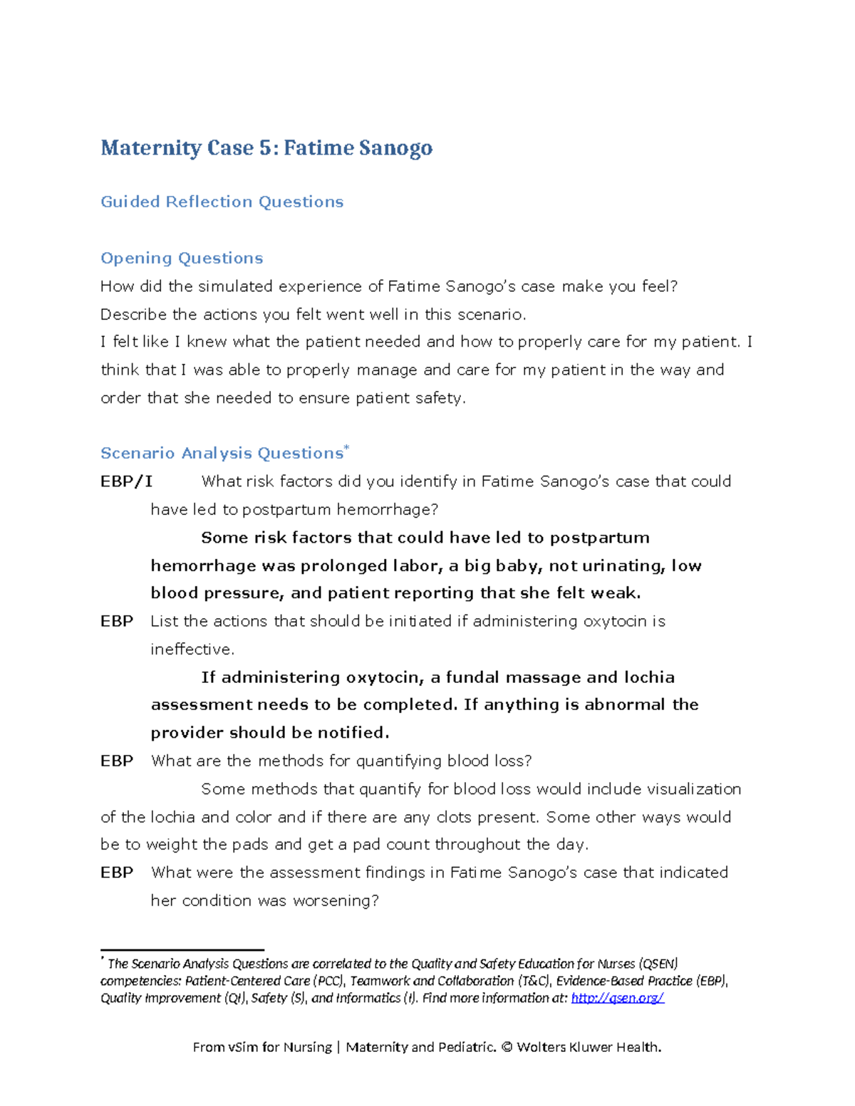 Maternity Case Study 5: Fatime Sanogo Reflection & Analysis - Studocu