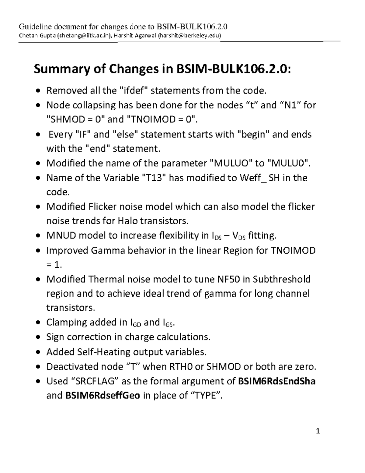BSIM-BULK 106 - Summary of Code Changes and Model Improvements - Studocu