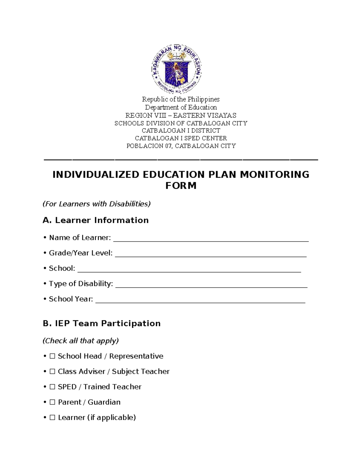 IEP Monitoring Form for Learners with Disabilities - DepEd Guidelines ...