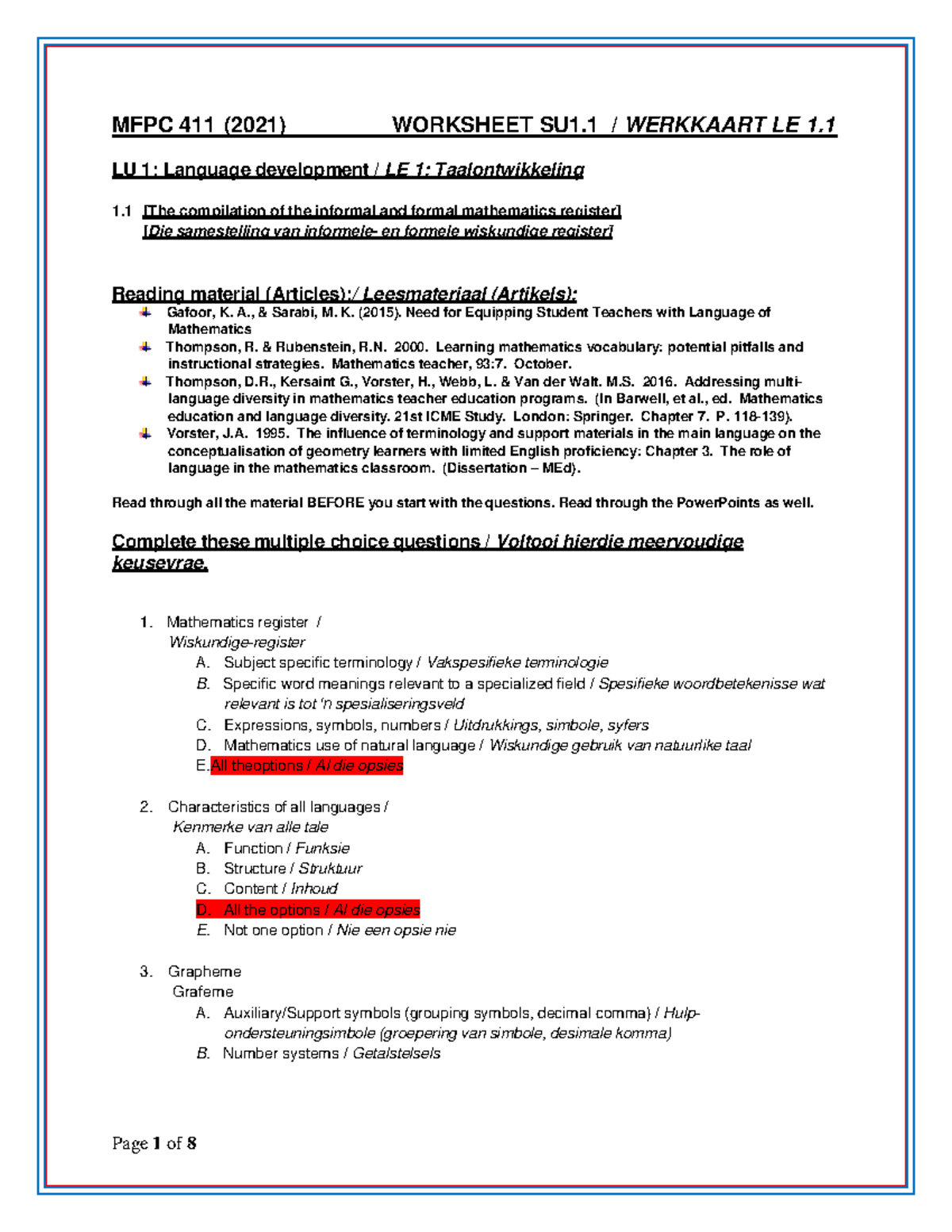MFPC 411 - Language Development Worksheet LE 1.1 (2021) - Studocu