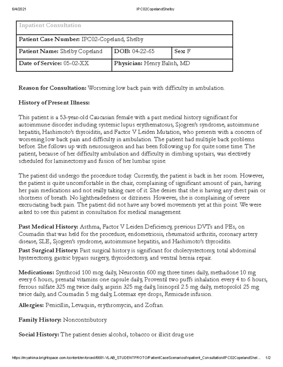IPC02 - Inpatient Consultation Case Study: Shel Copeland - Studocu