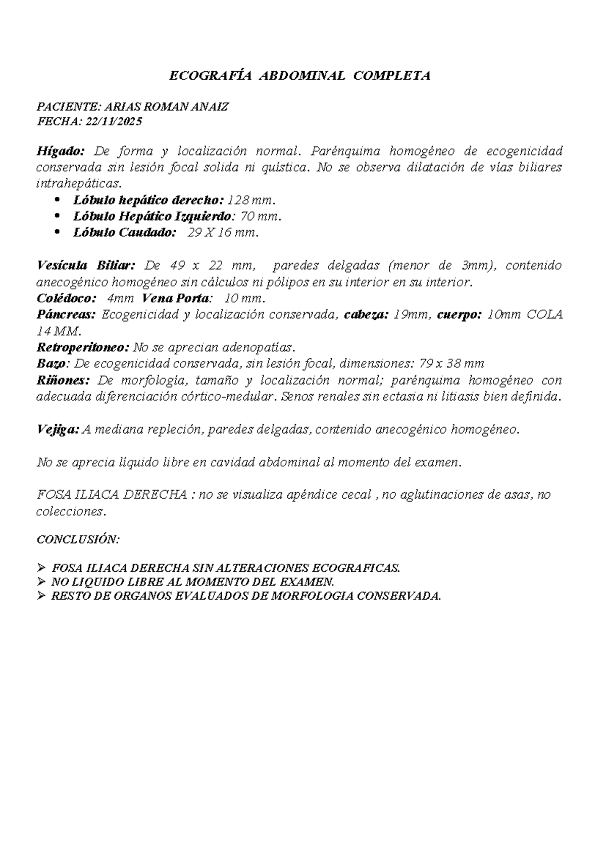 ECO 101: Informe de Ecografía Abdominal Completa - Paciente Arias Roman ...