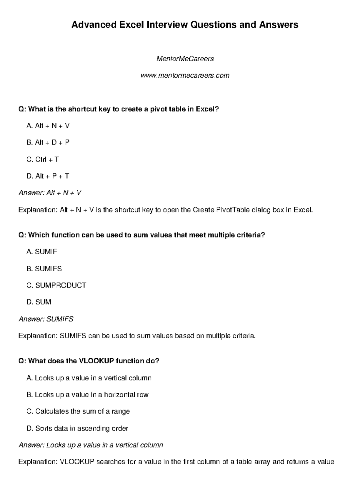 Advanced Excel Interview Q&A Guide for Job Seekers - Studocu