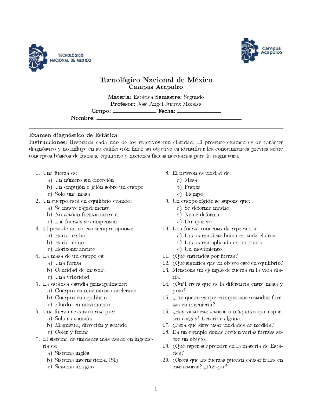 Examen Diagnóstico de Estática - Estudio y Repaso (EST-2023) - Studocu