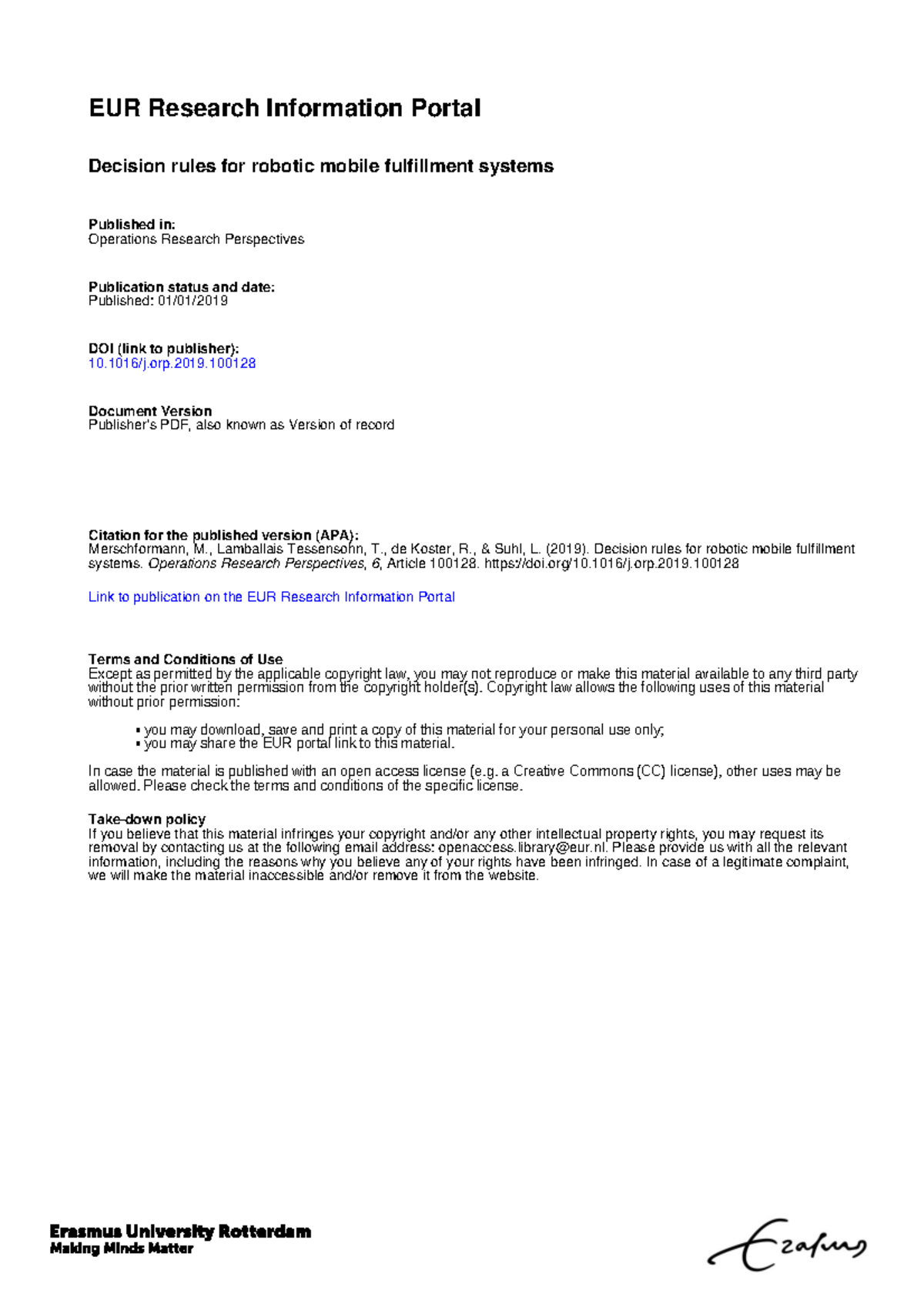 EUR Operations Research Perspectives: Decision Rules for Robotic Mobile ...