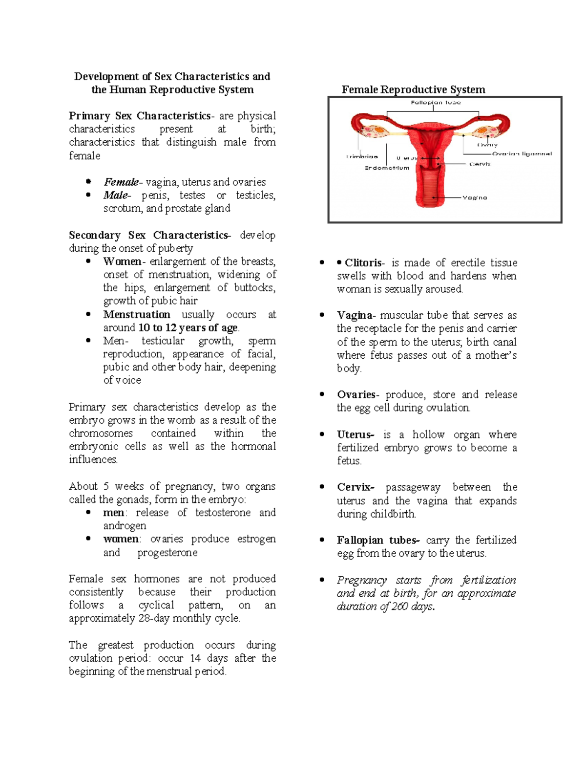 UTS Midterm Notes: Development of Sex Characteristics & Reproductive ...
