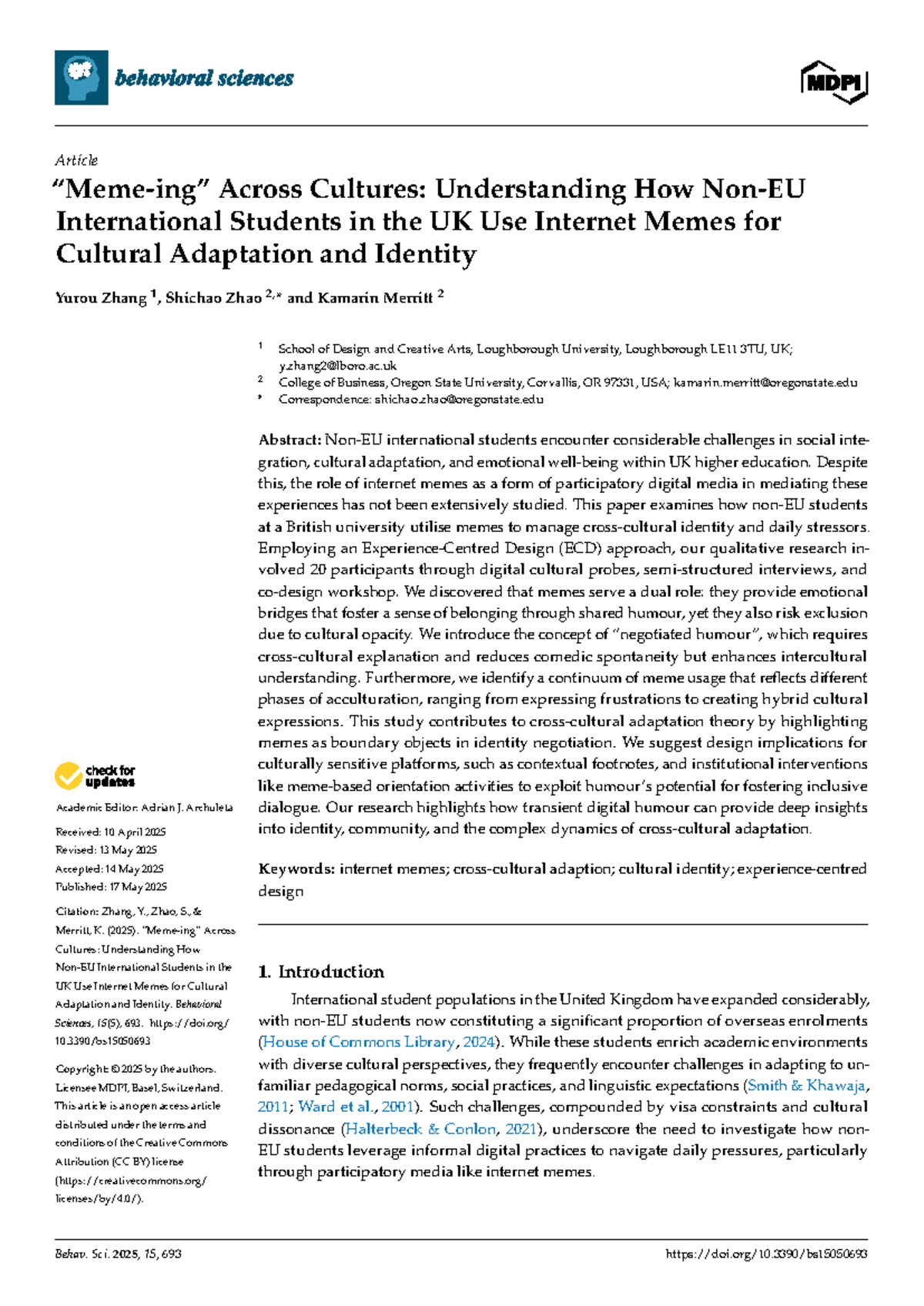 Behav. Sci. 2025: Memes as Cultural Tools for International Students ...
