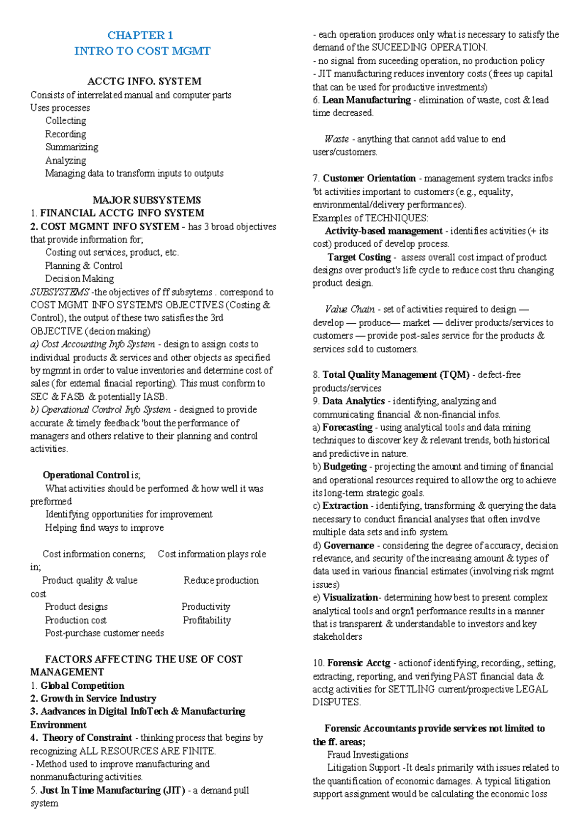COST Acctg Summary: Key Concepts from CHAP 1 & 2 Insights - Studocu