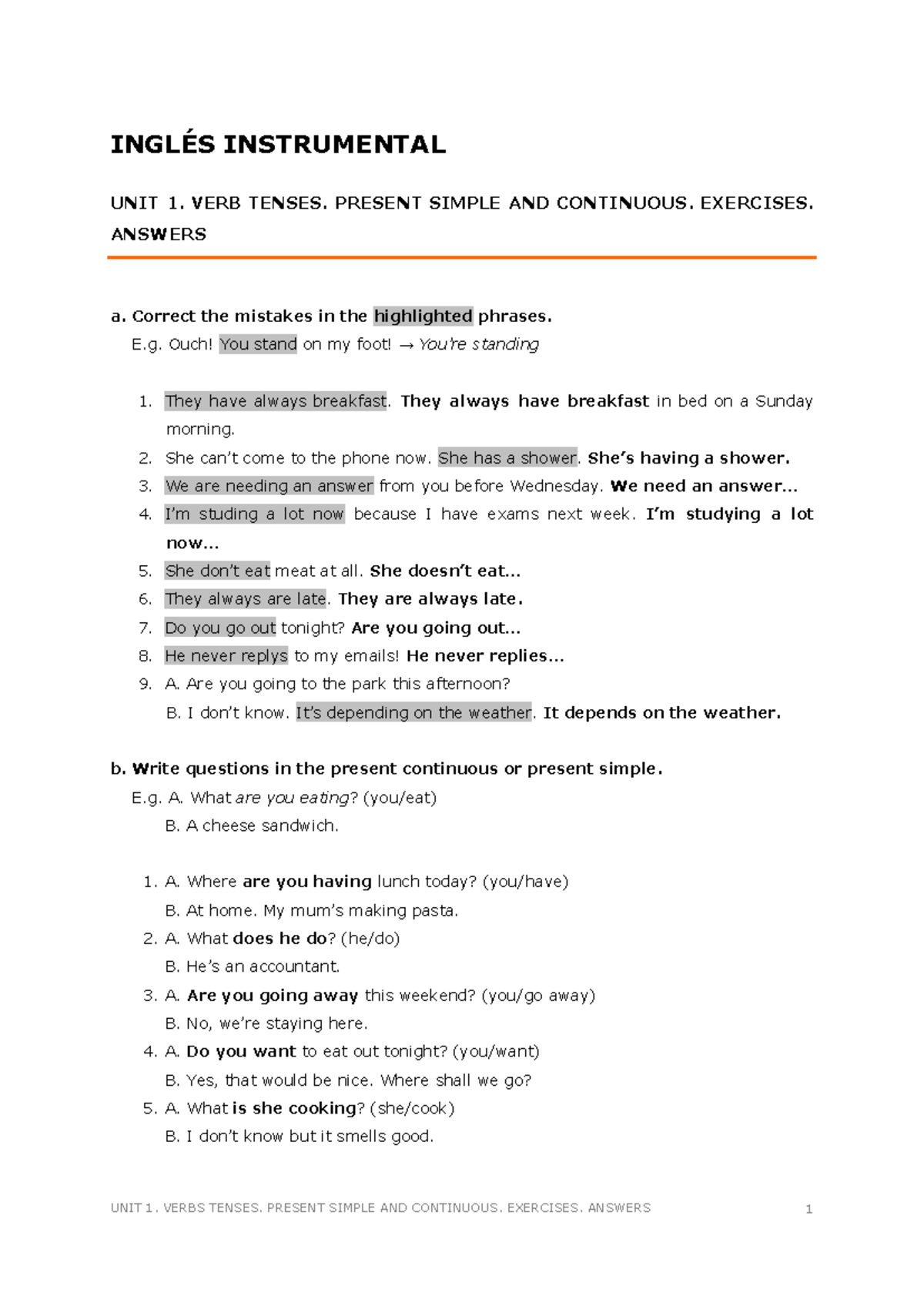 Unit 1. Verb tenses. Present simple and continuous. Exercises. Answers ...